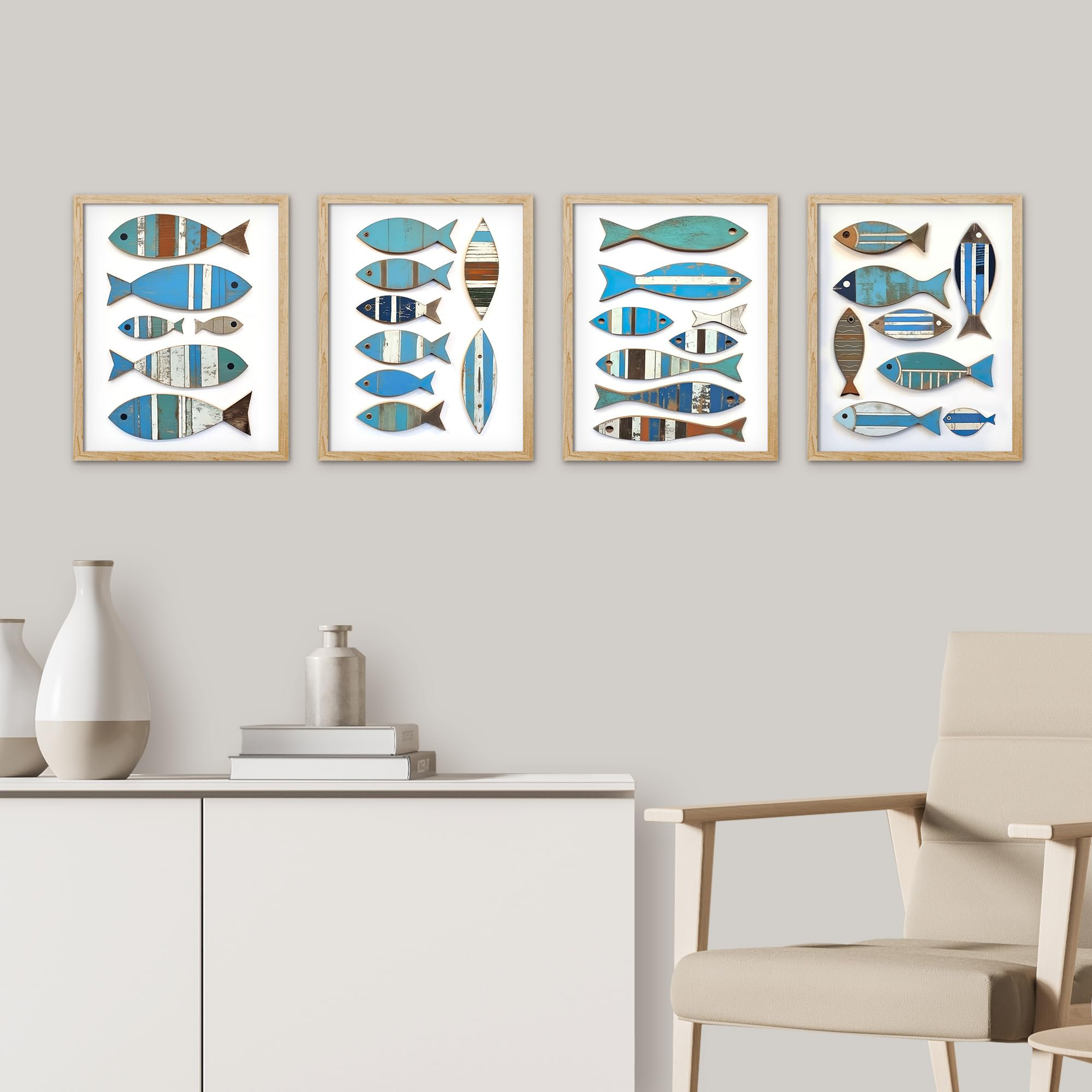 SIGNLEADER Coastal Charm Wooden Fish Rustic Nautical Framed On Paper 4 ...