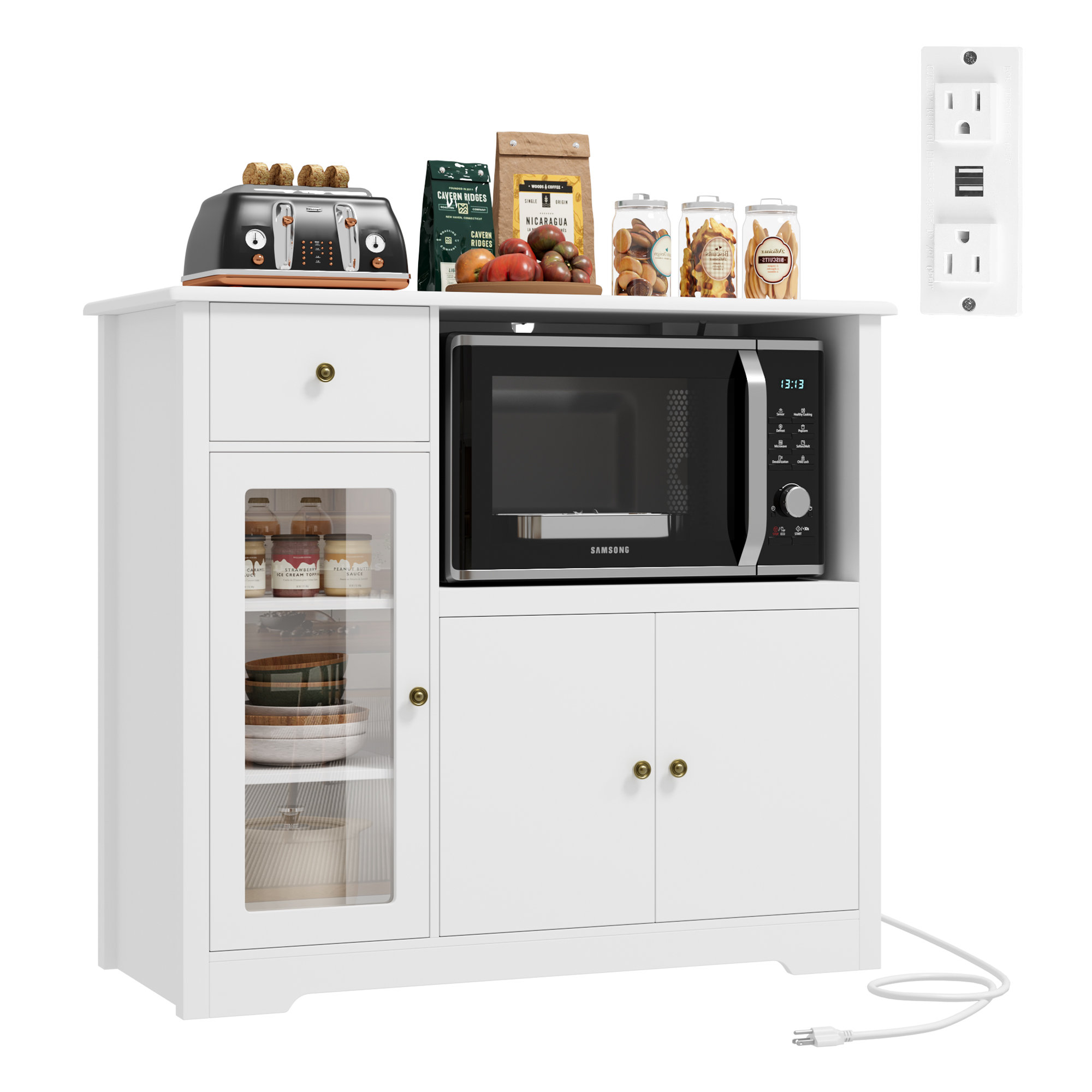 Ebern Designs 32.3"H Food Pantry with Charging Station, Microwave Stand ...