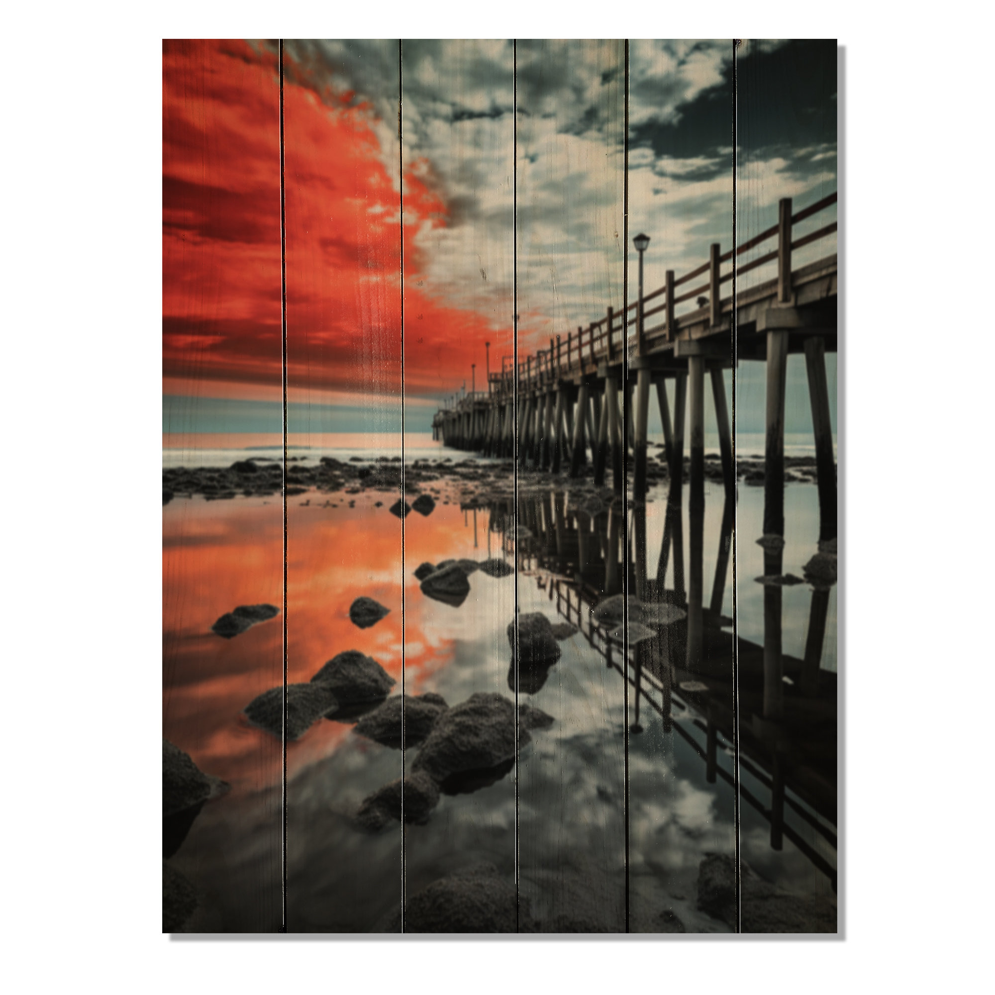 Dovecove Red and Grey Pier III - Nautical & Beach Print on Natural Pine ...