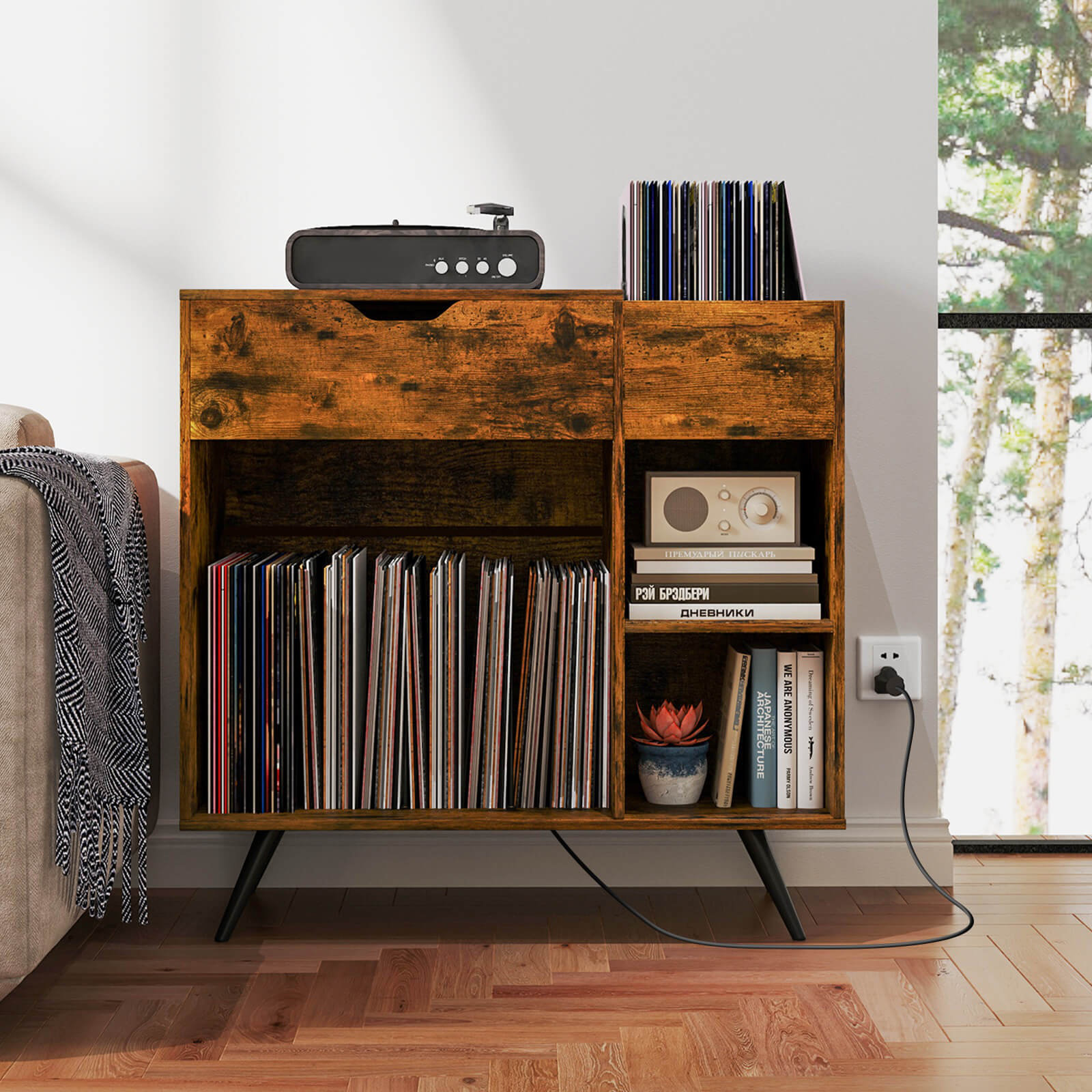 Millwood Pines Record Player Stand With Power Outlet, Drawer, Removable ...