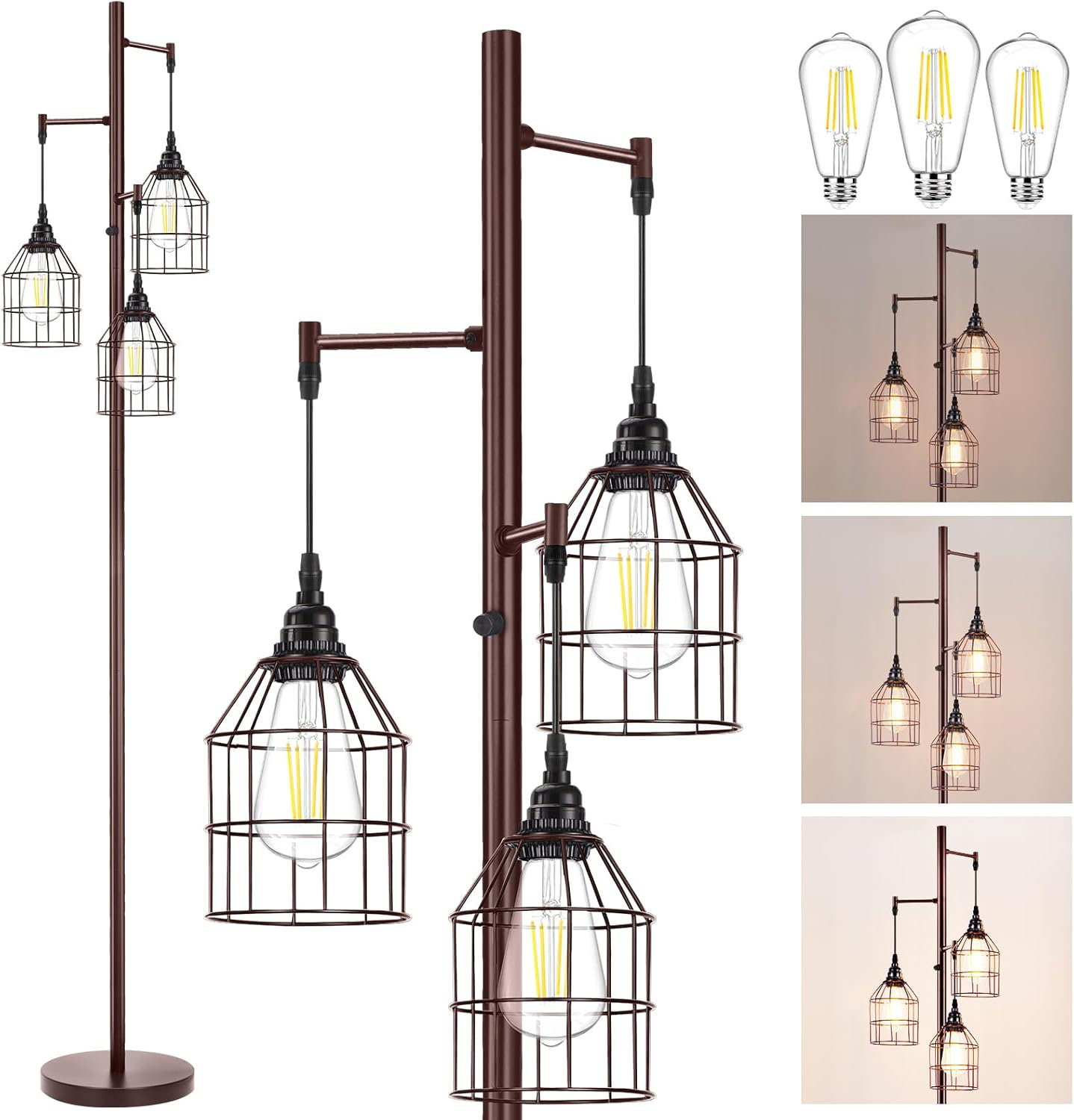 17 Stories 70" Dimmable Industrial Tree Floor Lamp With Caged Shades ...
