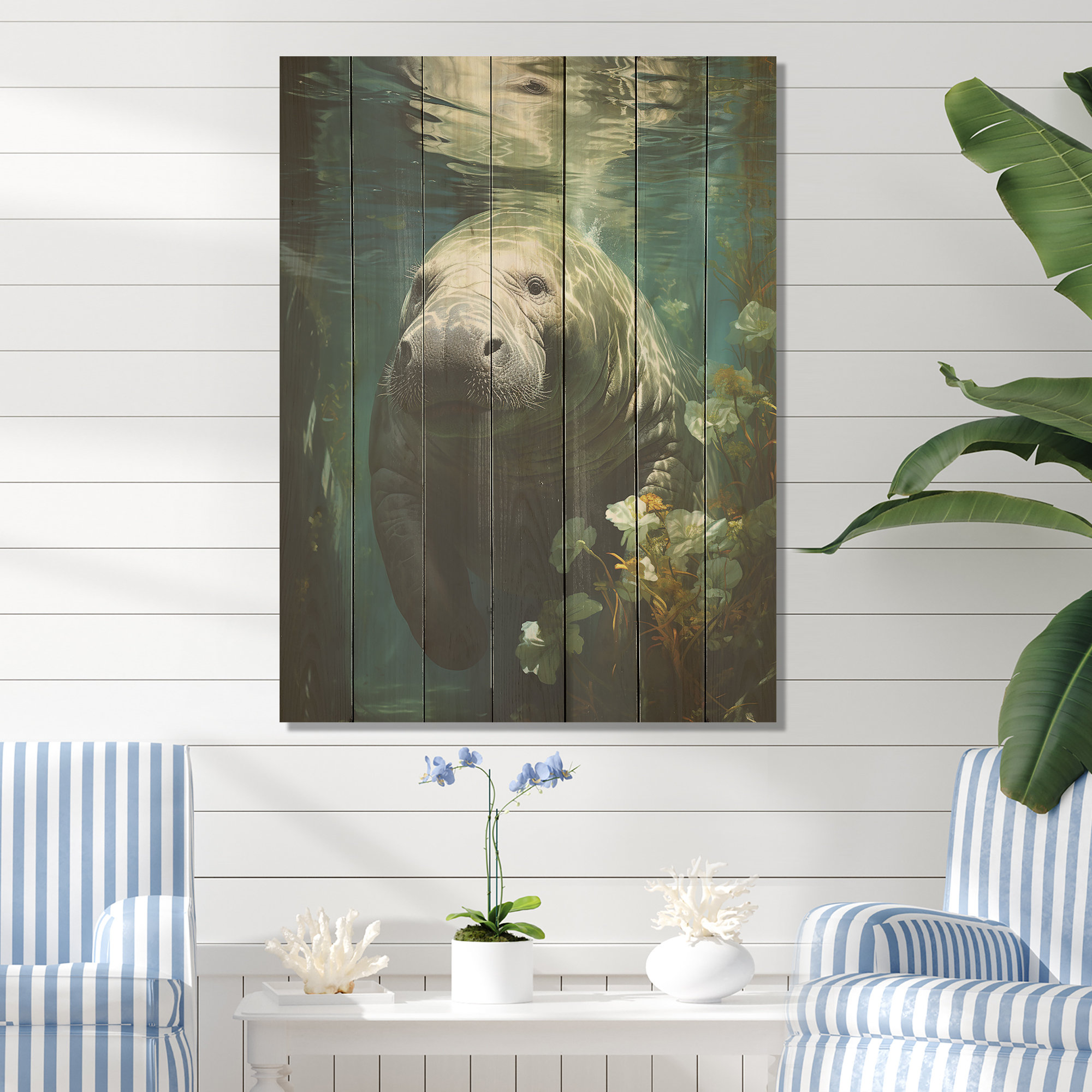 Highland Dunes Green Manatee Grace II - Coastal Animal On Wood Print ...