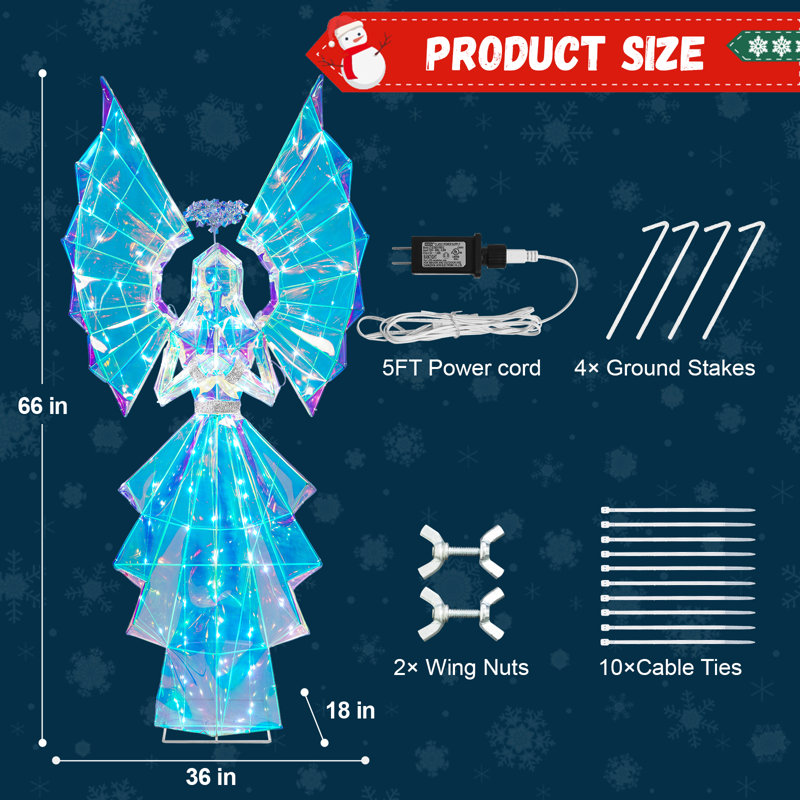 Everly Quinn 5.5FT Pre-lit Lighted Angel, Prismatic Iridescent Angel ...