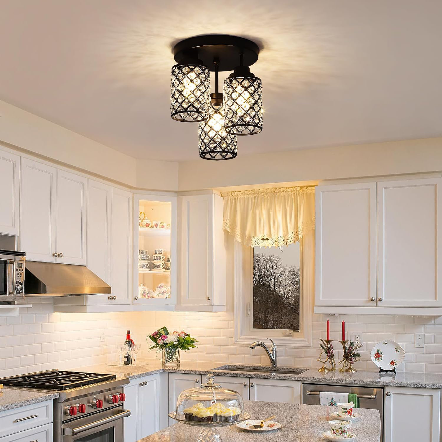 Mercer41 Semi Flush Mount Ceiling Light, 3-Light Close To Ceiling Light Fixtures With Crystal ...