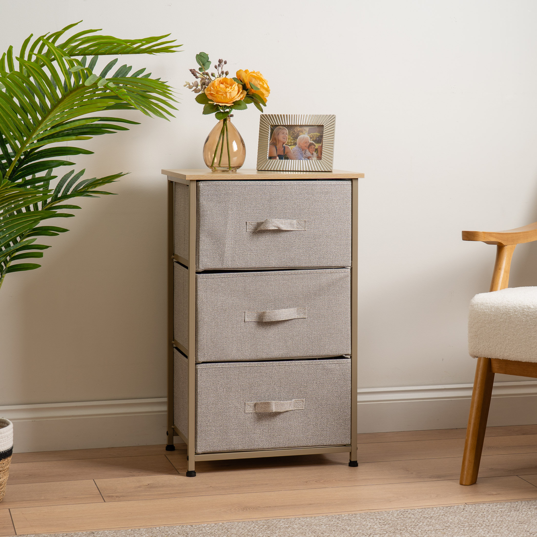 Rebrilliant 3 Drawer Beige Cabinet with Beige Fabric Drawers | Wayfair ...