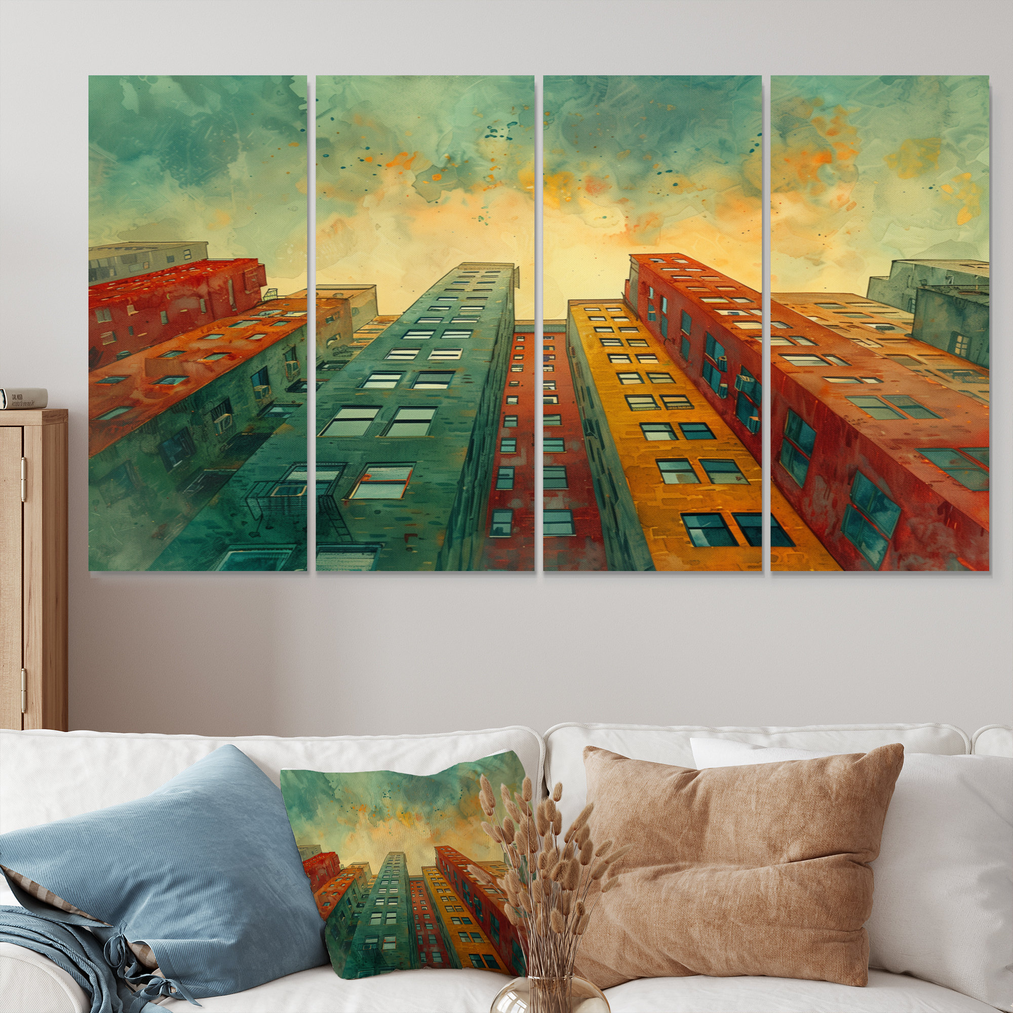 Lark Manor™ Green Red Urban Vintage Skyscrapers II - Skyscrapers Wall ...