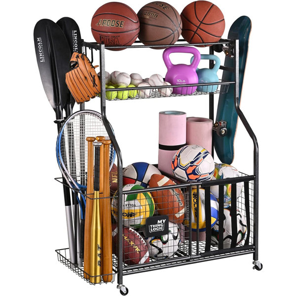 COAHAHA Heavy-Duty Metal Sports Organizer With Wheels, 3 Bins & Hooks ...