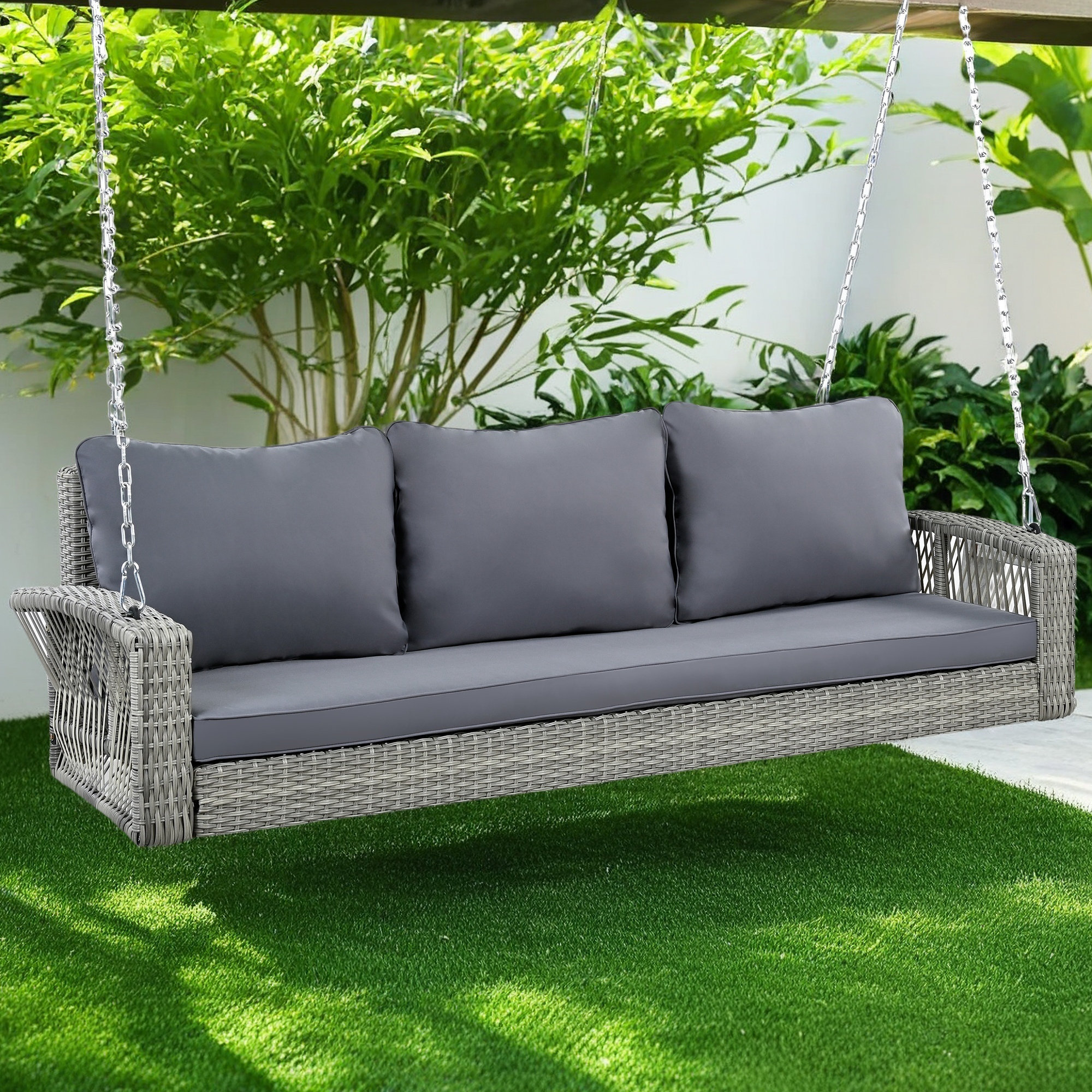 Lark Manor™ 69" PE Wicker 3-Person Porch Swing With Chains, Large Patio ...