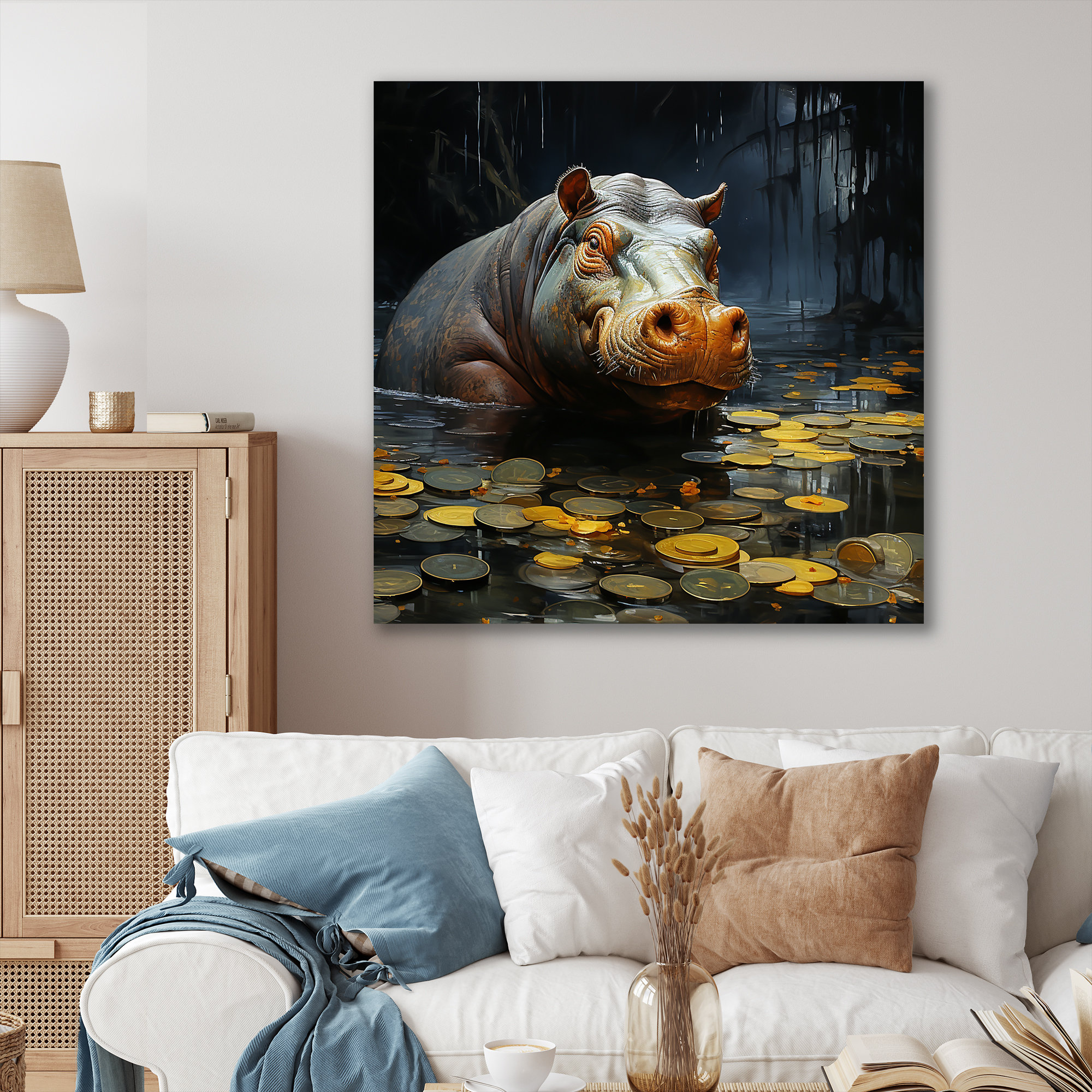 Dakota Fields Grey Powerful Hippo Waters Reflect IV - Hippopotamus Wall ...