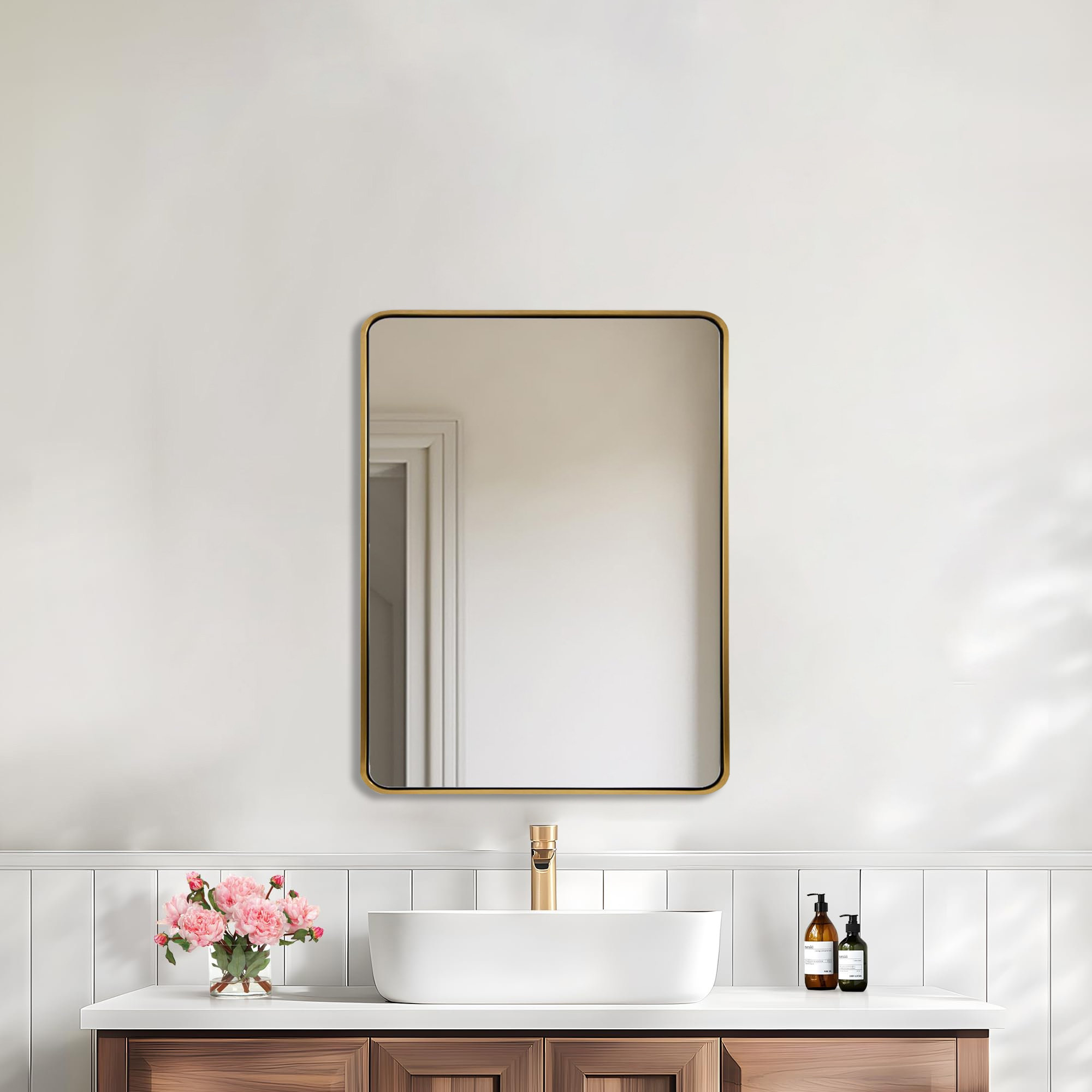 Everly Quinn Modern Round-Corner Rectangular Bathroom Mirror | Wayfair