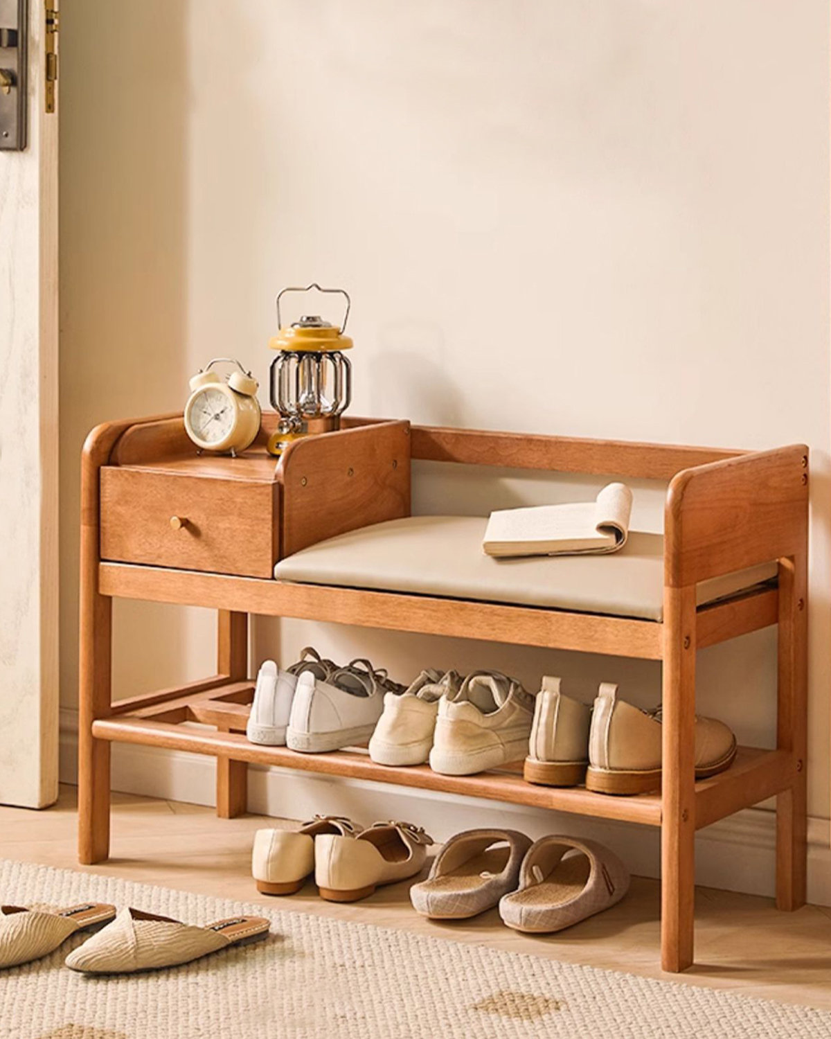 Finesse Furni A luxurious solid wood shoe-changing stool with a drawer ...
