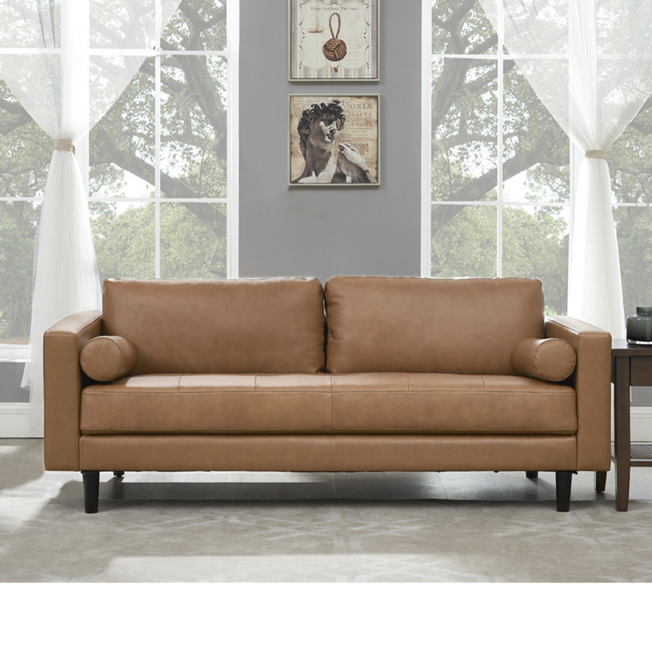 Corrigan Studio Esin 74.5 in Genuine Leather Square Arm Sofa Couch Modern Couch Upholstered Sofa ...
