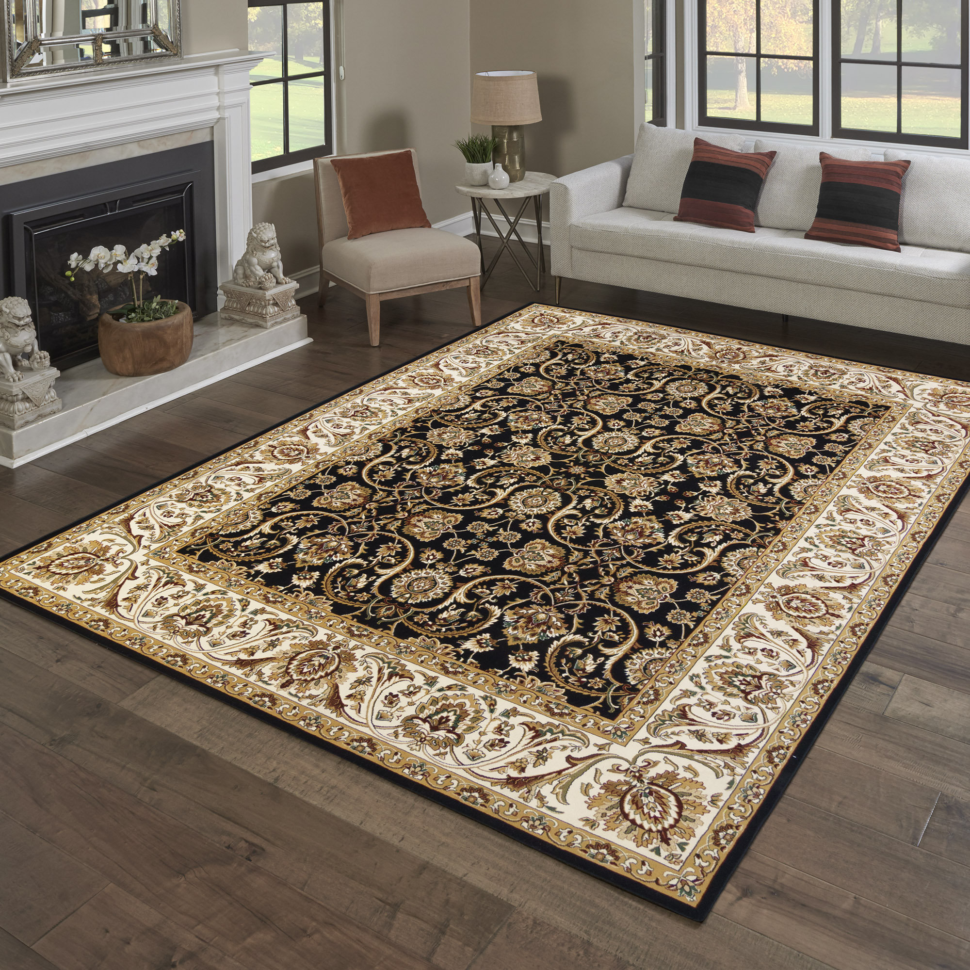 Gertmenian Majestic Croft Traditional Scrolled Floral Wide Border Black ...