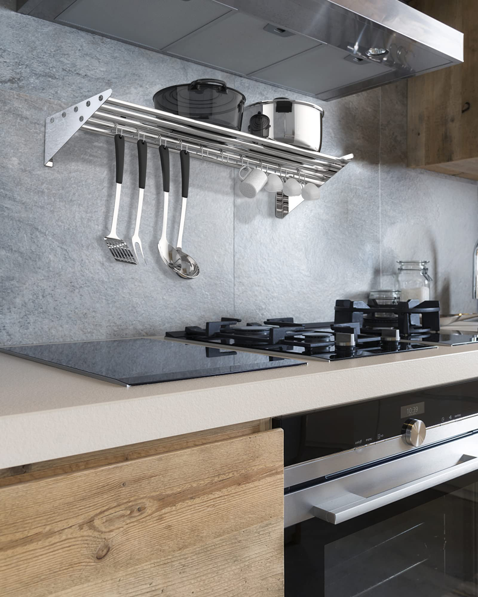 Prep & Savour Kitchen Pot Pan Rack Stainless Steel Metal Wall Shelf ...