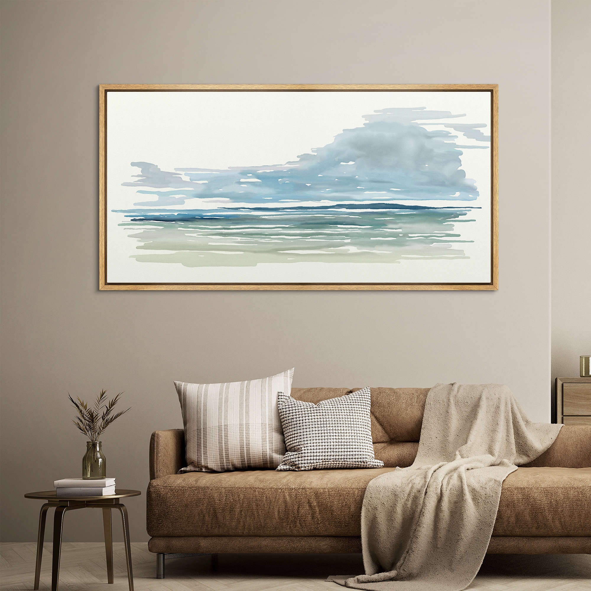 wall26 Watercolor Coastal Horizon Framed Canvas - Blue and Green Ocean ...