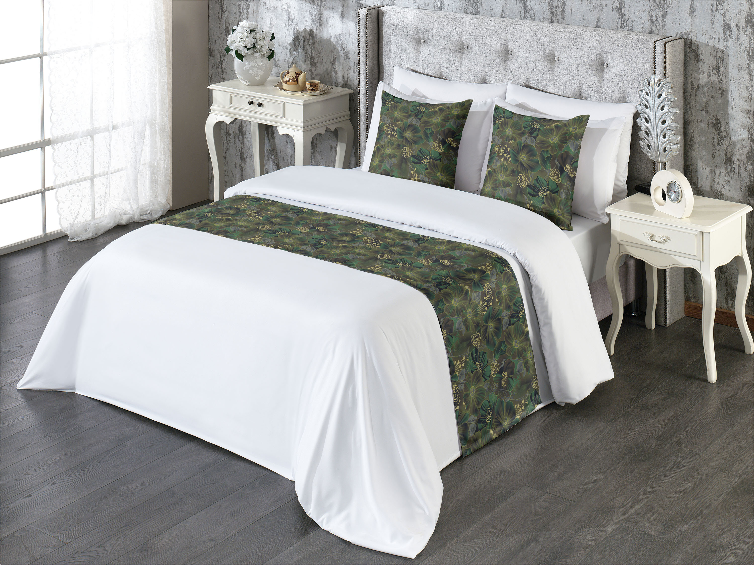 Ambesonne Floral Design Bed Runner Set Modern Jungle Boho Jade Green ...