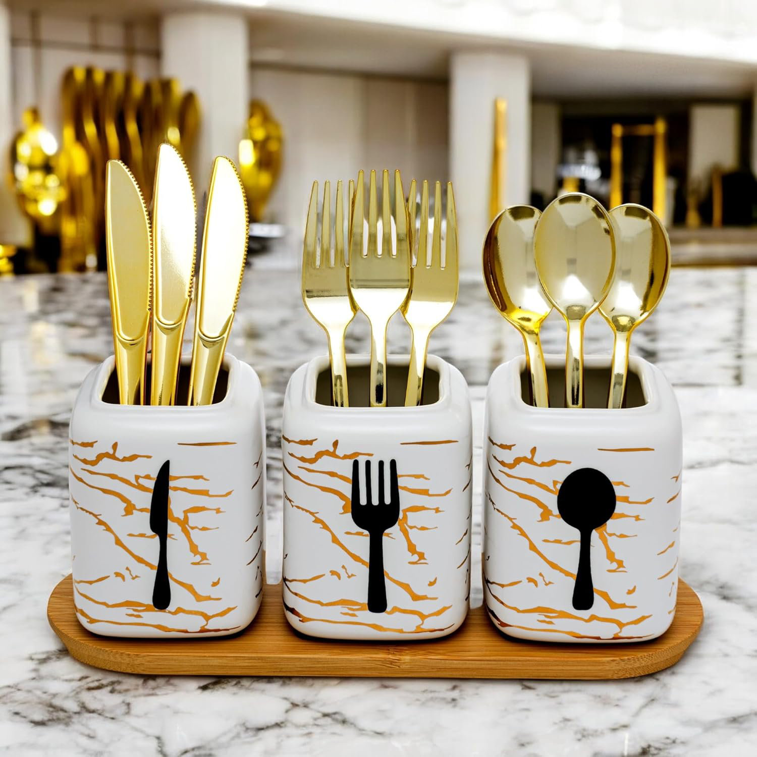 Everly Quinn Ceramic Silverware Caddy For Countertop, 3 Pieces White ...