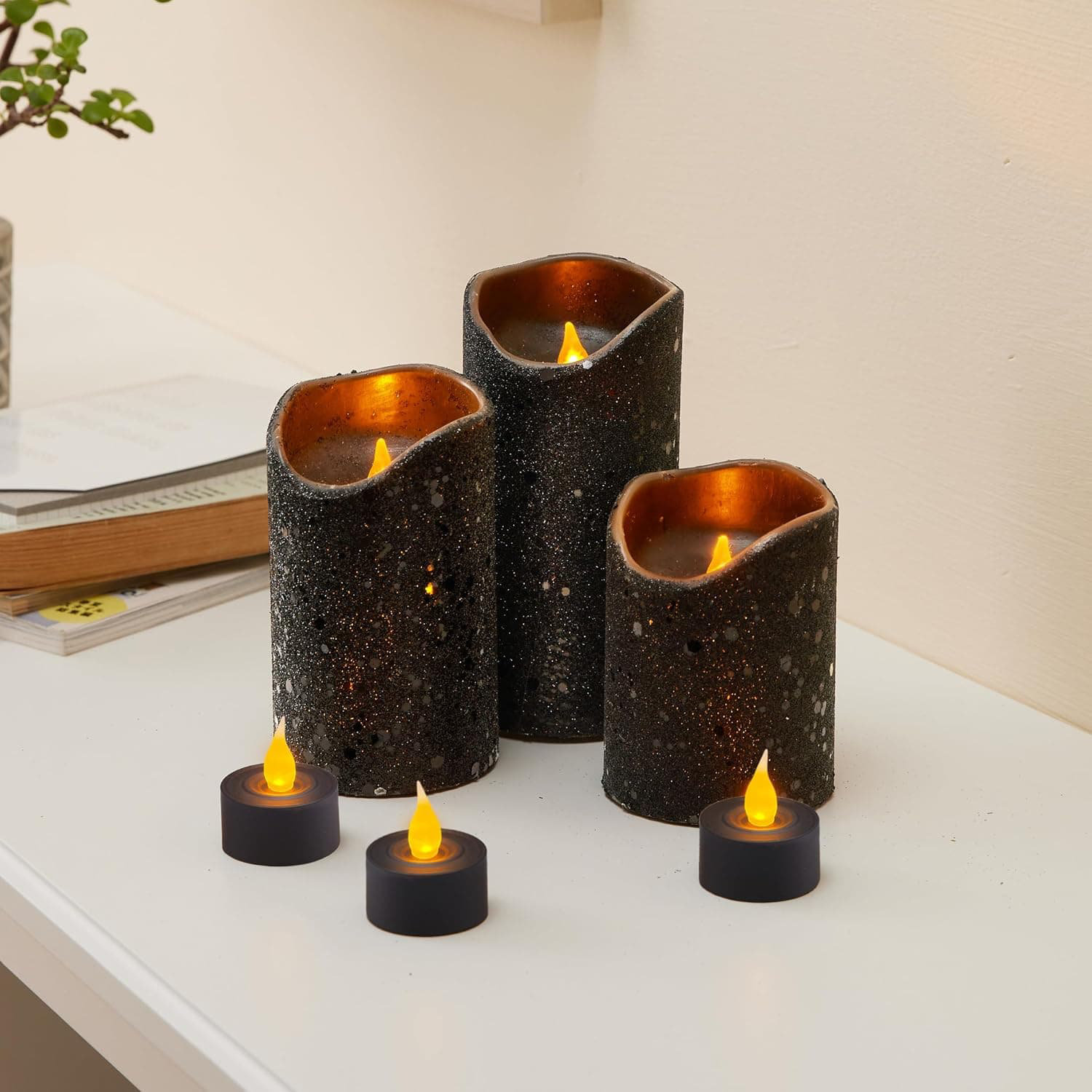Hokku Designs 6-Pack Black Glitter Real Wax LED Candles - 3 Pillars + 3 Tealights, 5/19 Timer ...