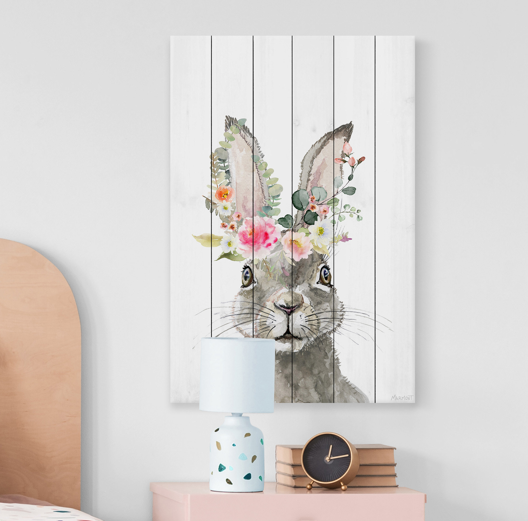 Marmont Hill 'Floral Crowned Hare' Print On White Wood - Wayfair Canada