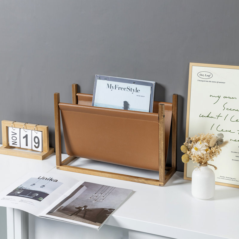 Ebern Designs Standing Acacia Wood Leatherette Magazine Rack | Wayfair