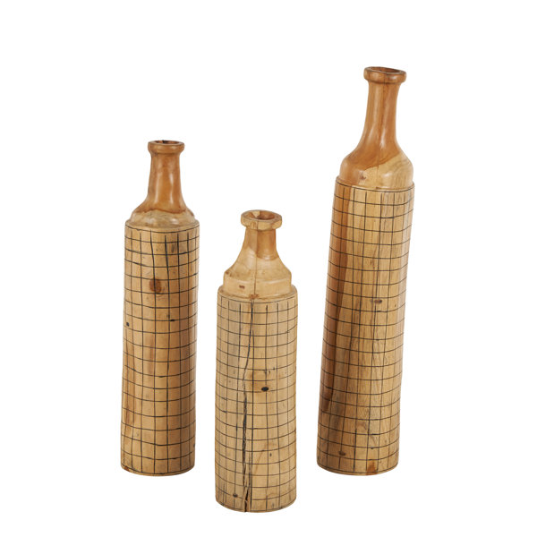 Millwood Pines Teak Wood Brown Decorative Vase With Carved Checkered ...