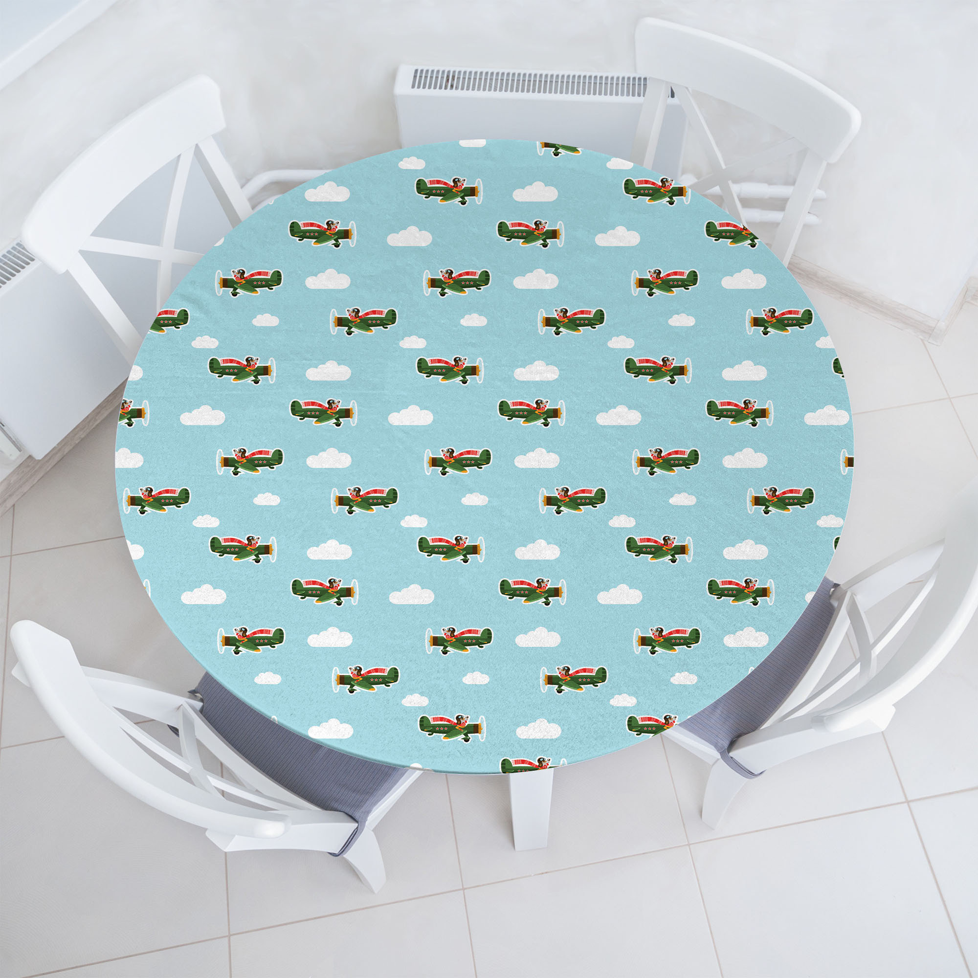 Winston Porter Airplane Fitted Round Tablecloth Olive Green Pale Blue ...