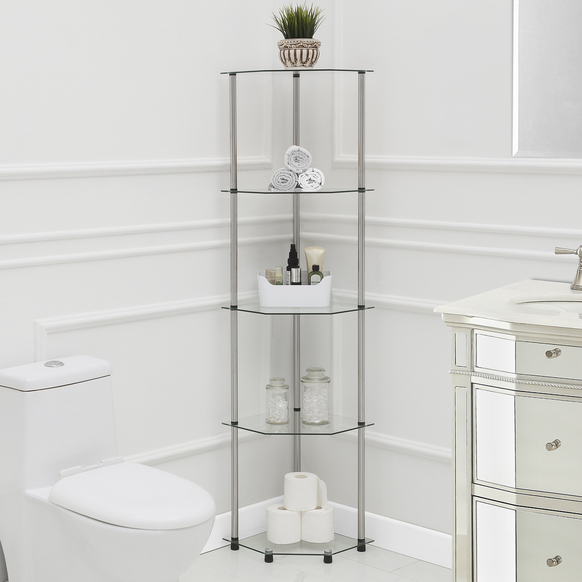 Ebern Designs Beckett 13.75" W Corner Glass Bookcase with Stainless ...