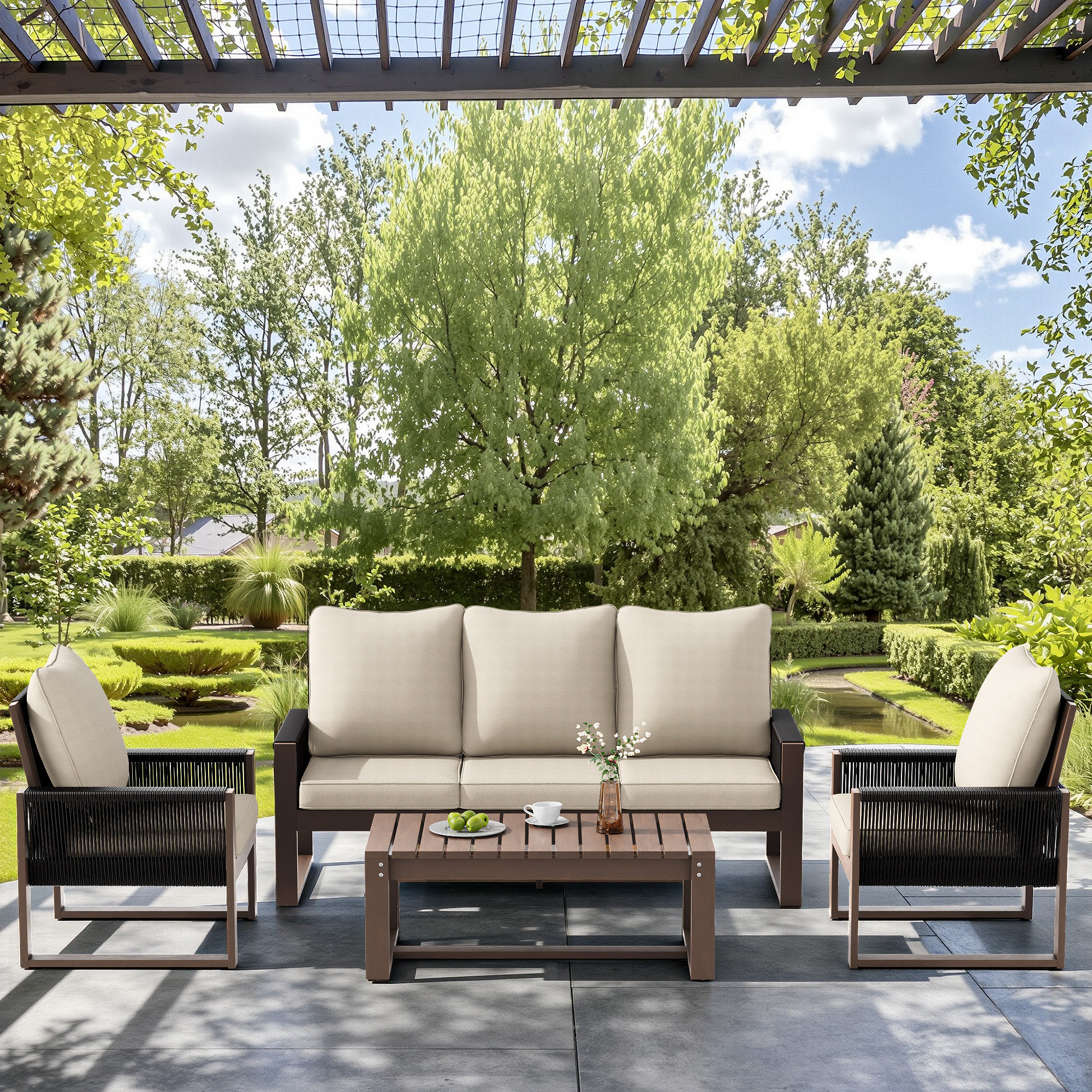 Latitude Run® 4 Pieces Wood Seating Set With Cushions | Wayfair