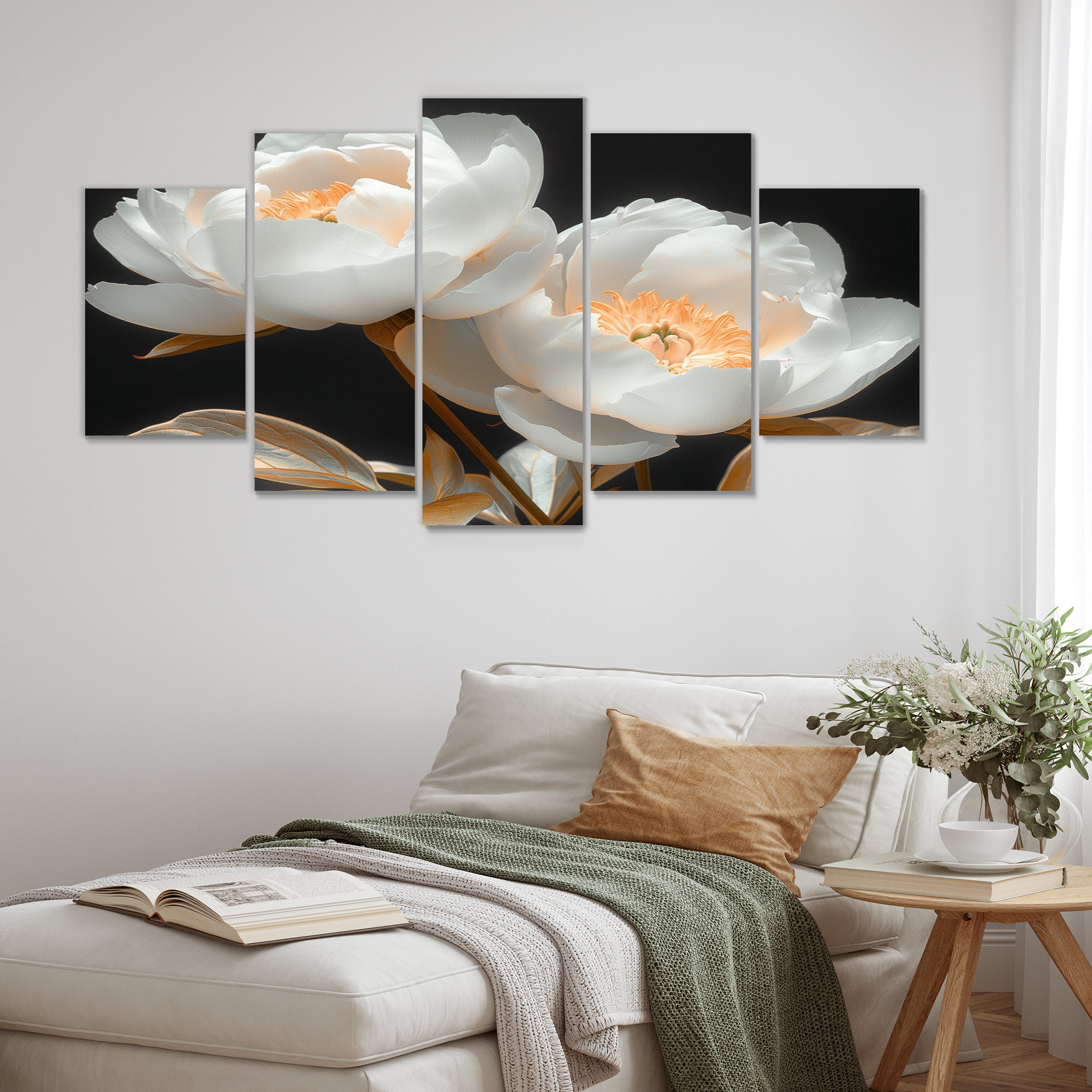 Design Art Transparent Elegant White Gold Peonies III - Peonies Wall ...