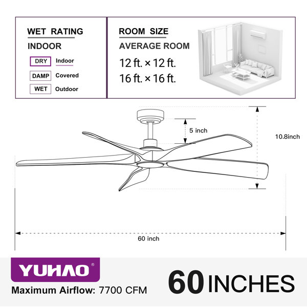 YUHAO Modern 60'' Rustic Look Wood Black Ceiling Fan Without Light ...
