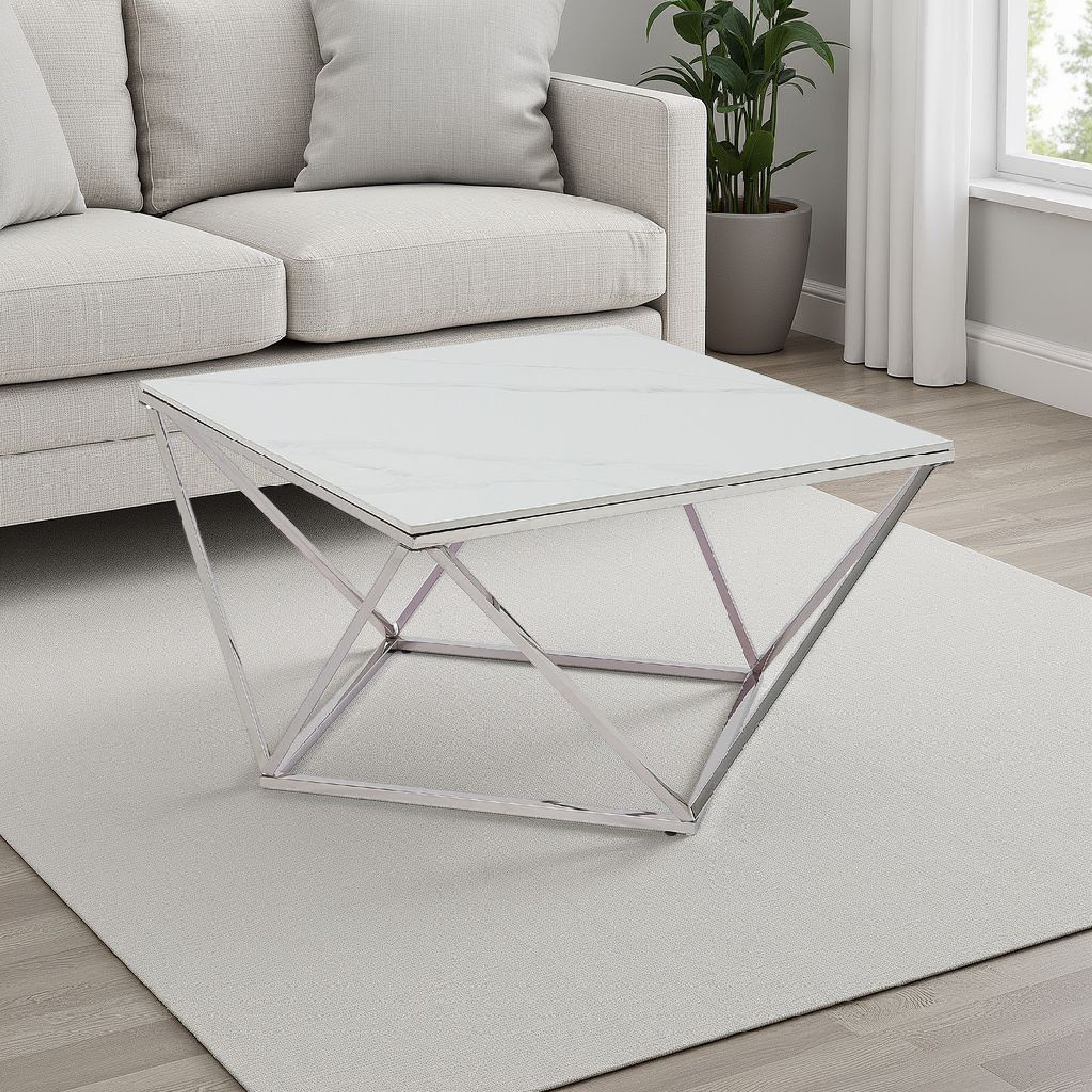 Benjara Allie Coffee Table, Sintered Stone, Silver Stainless Steel 32 ...