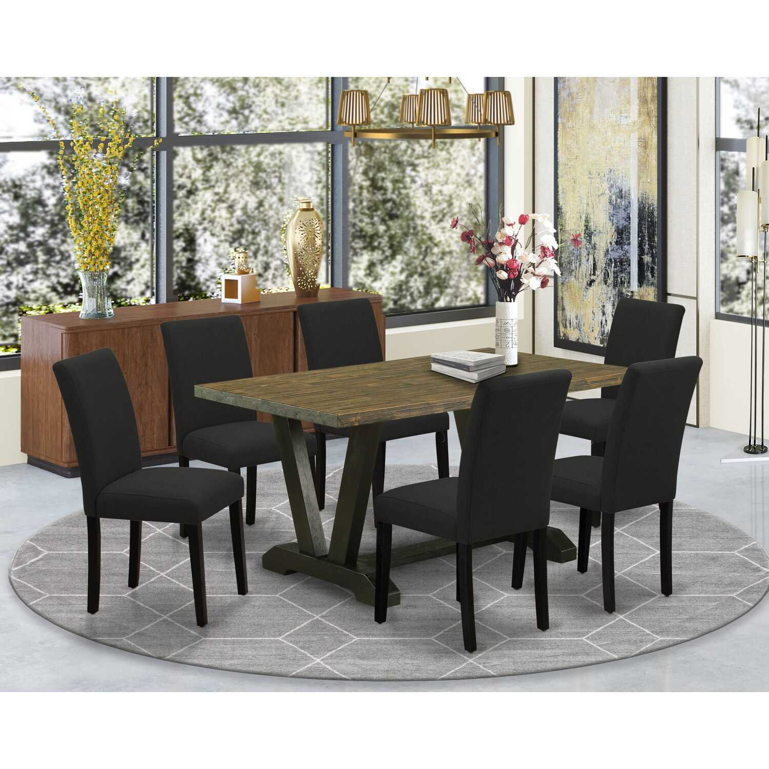 Rosalind Wheeler 7-Piece Rectangle Natural Oak Finish Solid Wood Top Dining Set with 1 table and ...
