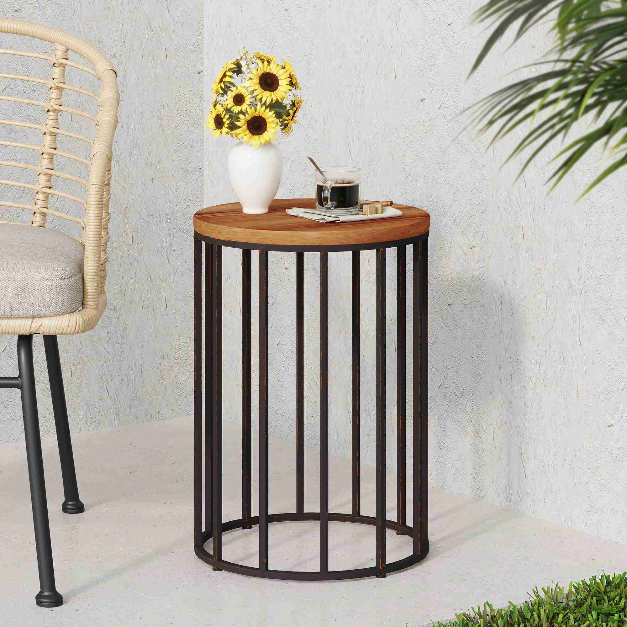 17 Stories Outdoor Cylindrical Side Table with Round Solid Wood Top and ...