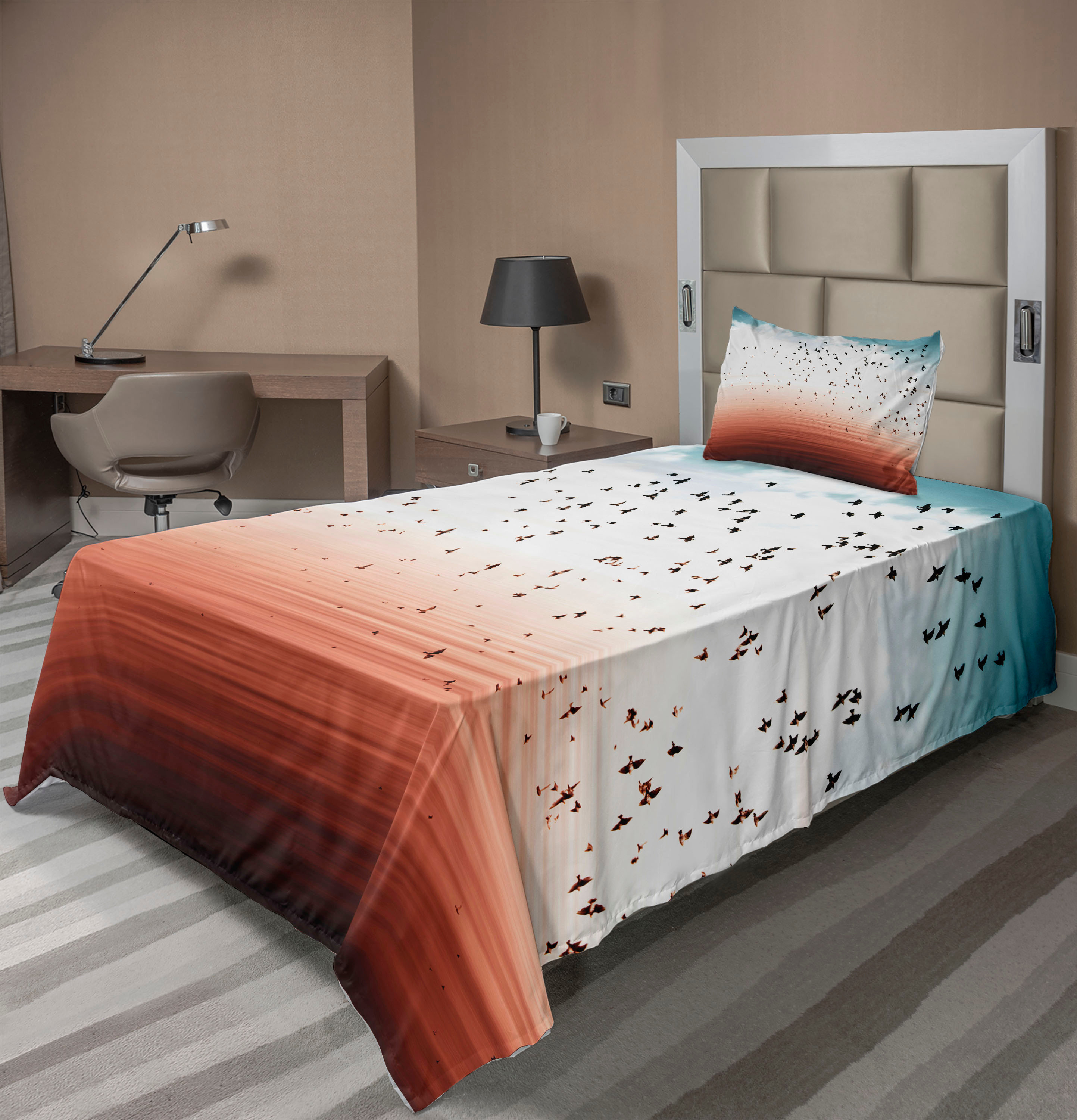 Ambesonne Birds Sheet Set Flying Wings Melancholic Sky Cinnamon Cadet ...