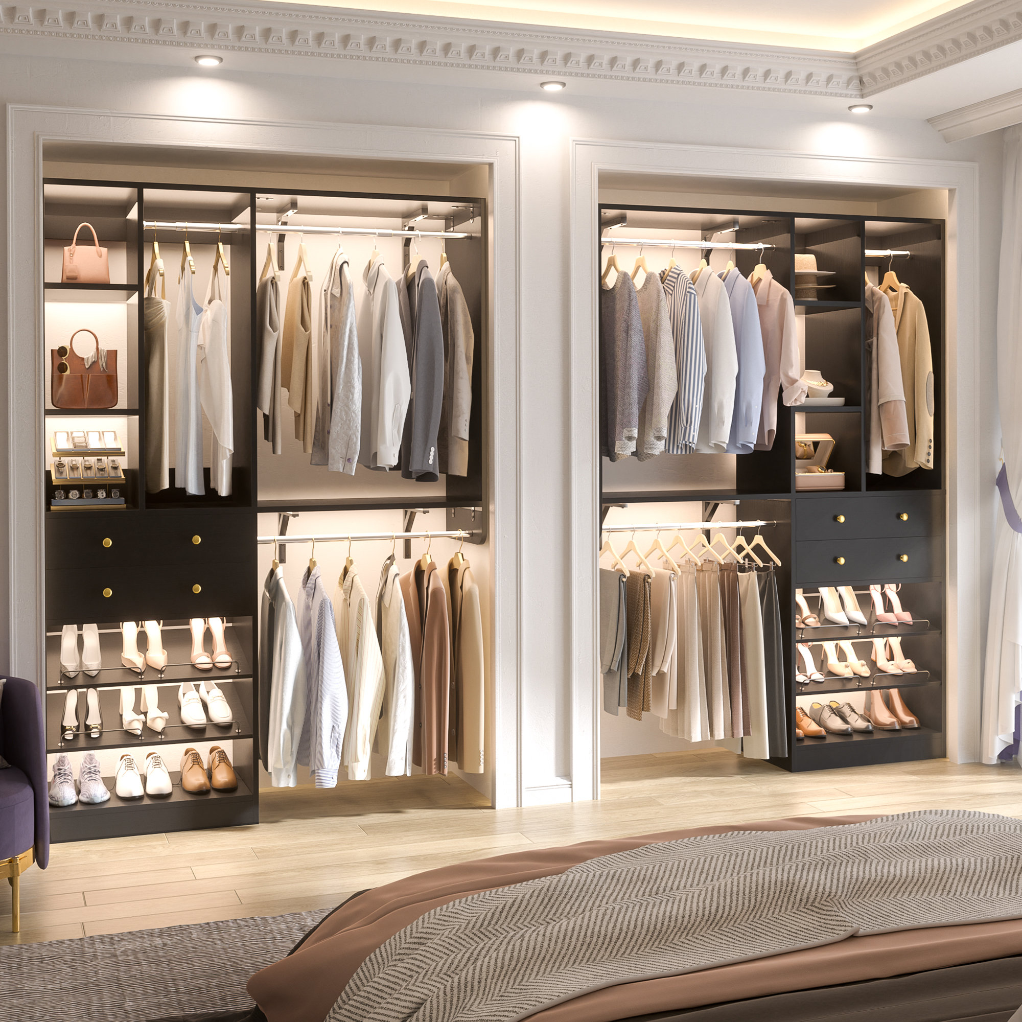 Latitude Run® Welles 117.8" Closet System with Wood Drawers, Shoe Racks ...