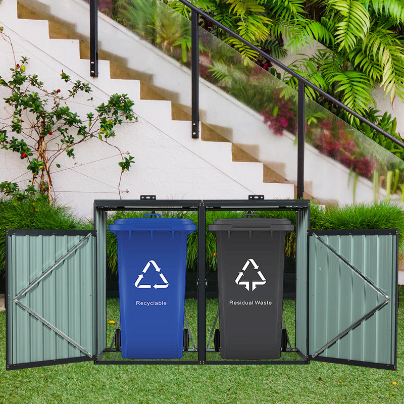 iYofe 63"L Outdoor Garbage Bin Storage Shed, Galvanized Steel, Lockable ...