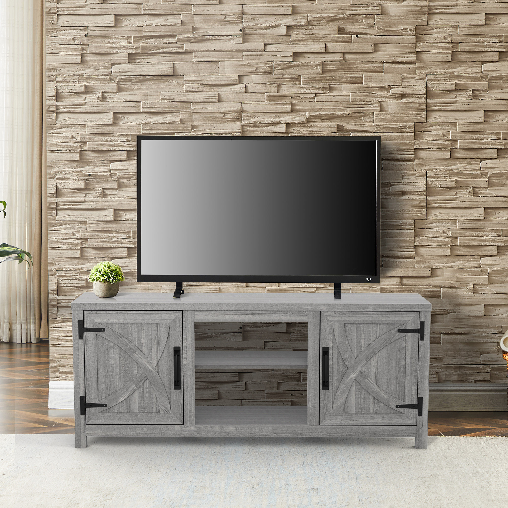 Gracie Oaks 58" Farmhouse TV Stand With Open Storage Shelves And ...