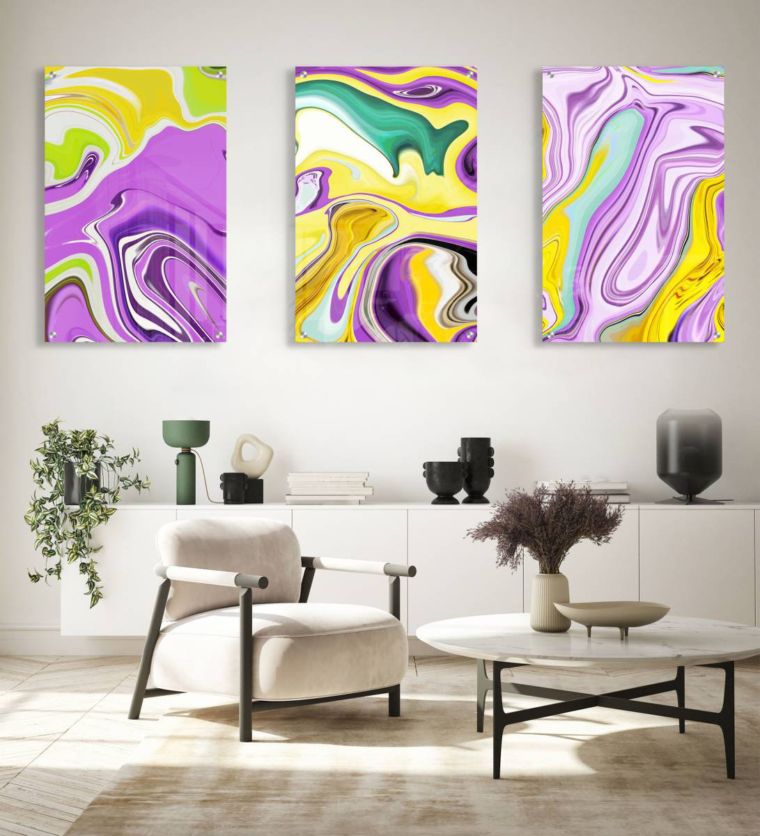 UniQstiQ Purple Illusory Forms - 3 Piece Unframed Print Set | Wayfair