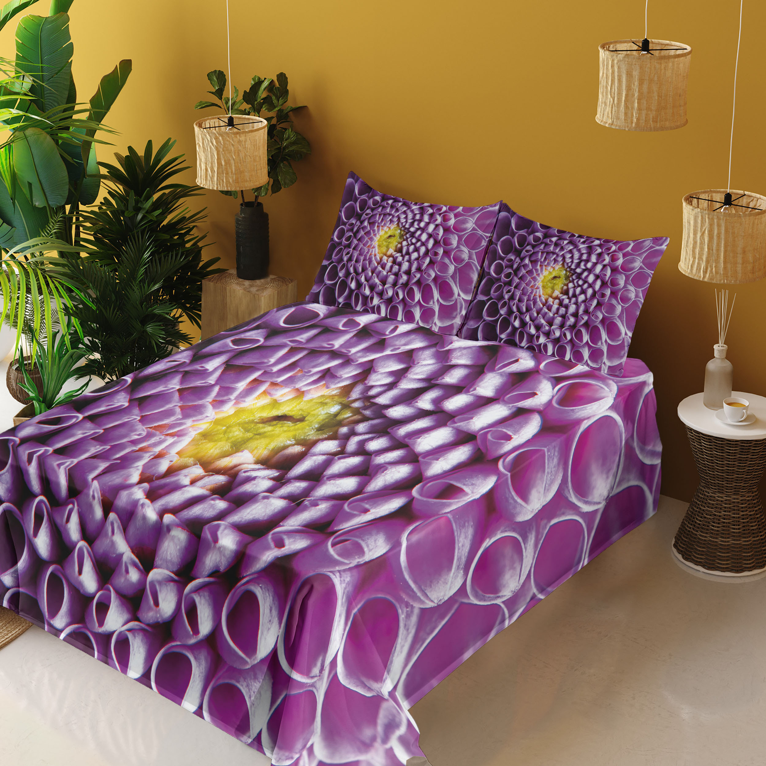 Ambesonne Dahlia Print Sheet Set Nature Photo of Flower Fuchsia Mustard ...