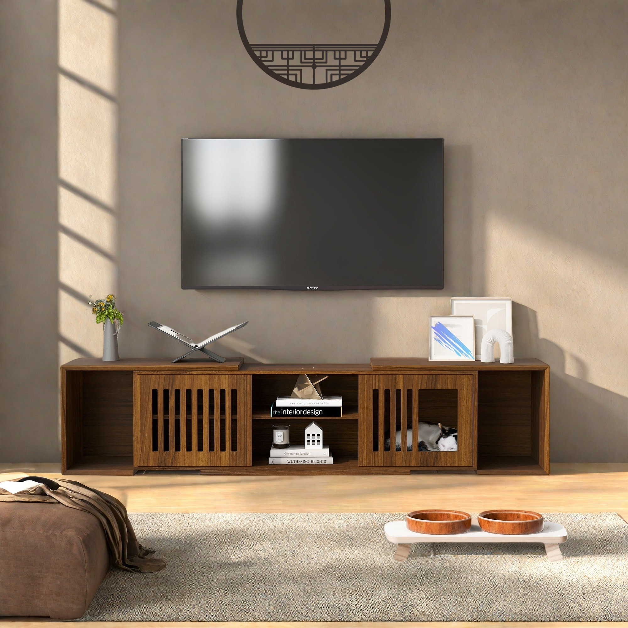 Latitude Run® Mid-century Tv Stand With Extendable Table, Cat Cushion ...