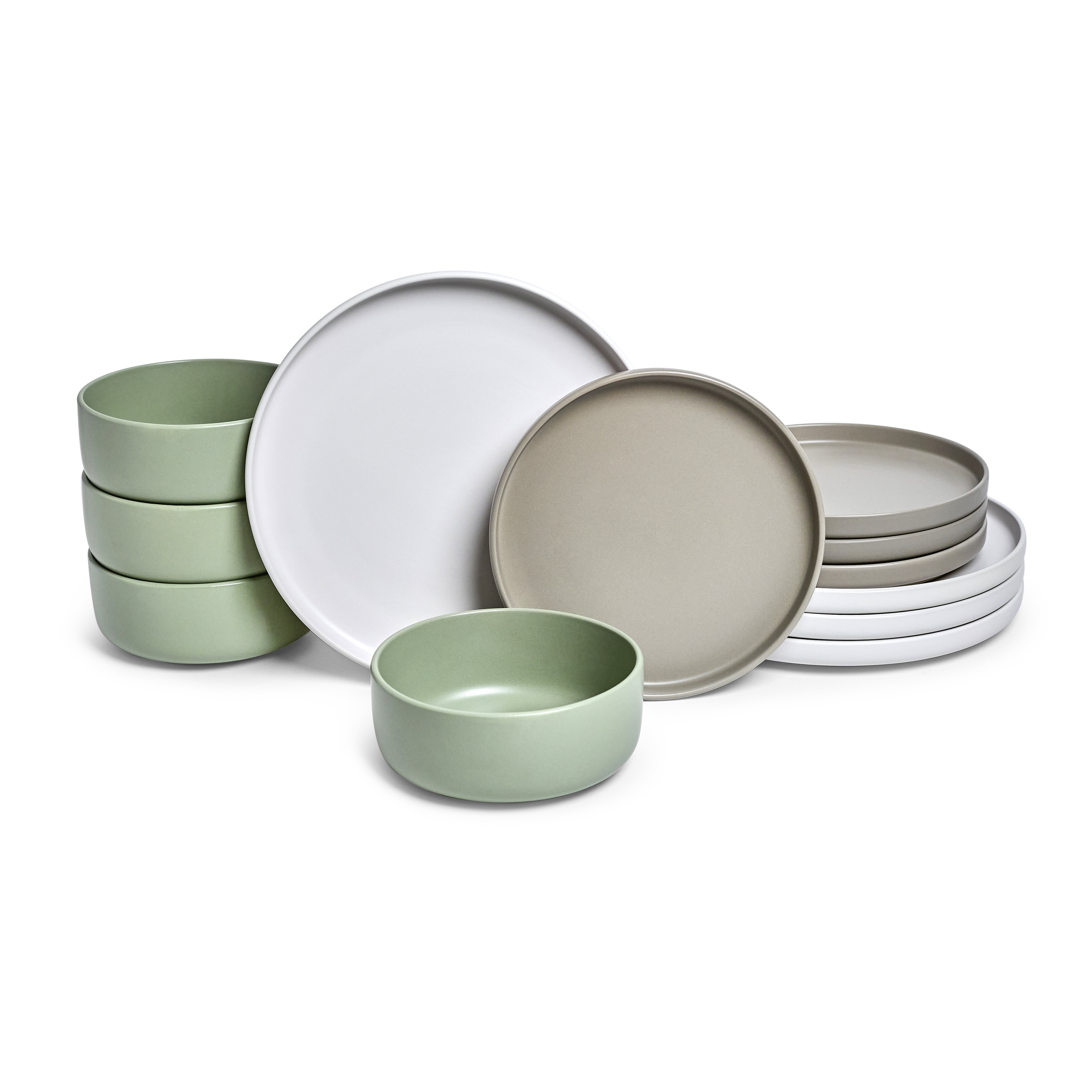Sango Rollo Alta 12-Piece Stoneware Dinnerware Set, Sage/Sand/White- Microwave & Dishwasher Safe ...