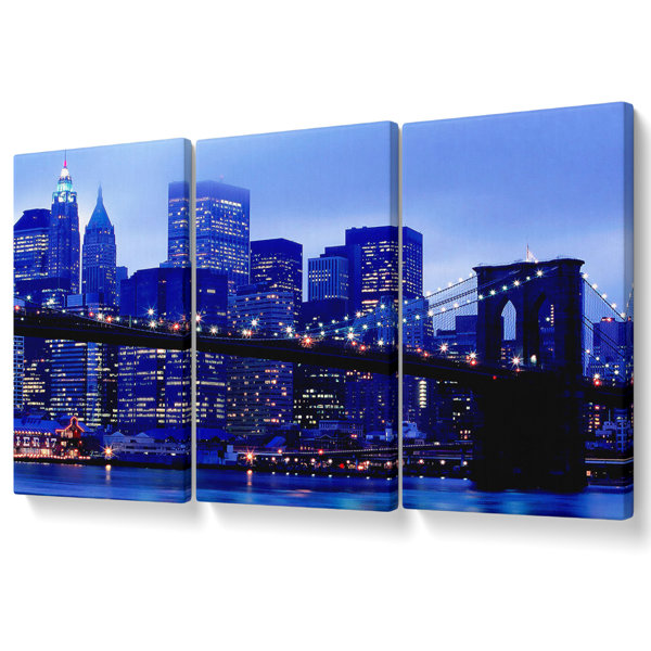 Ebern Designs Brooklyn Bridge Blue Hue - 3 Piece Wrapped Canvas Graphic ...