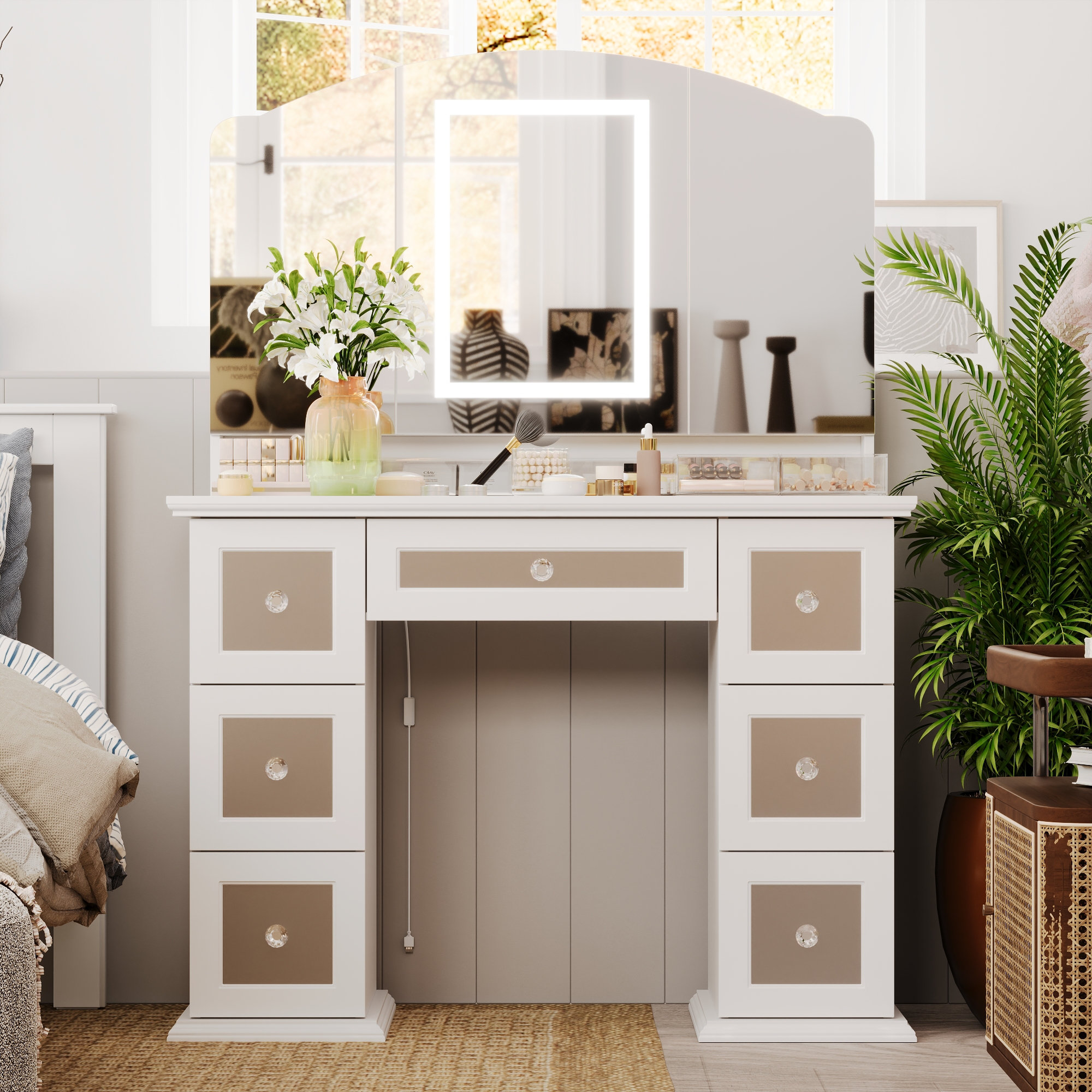 Ivy Bronx Makeup Vanity Desk With Fold Mirror And Adjustable Colourful ...