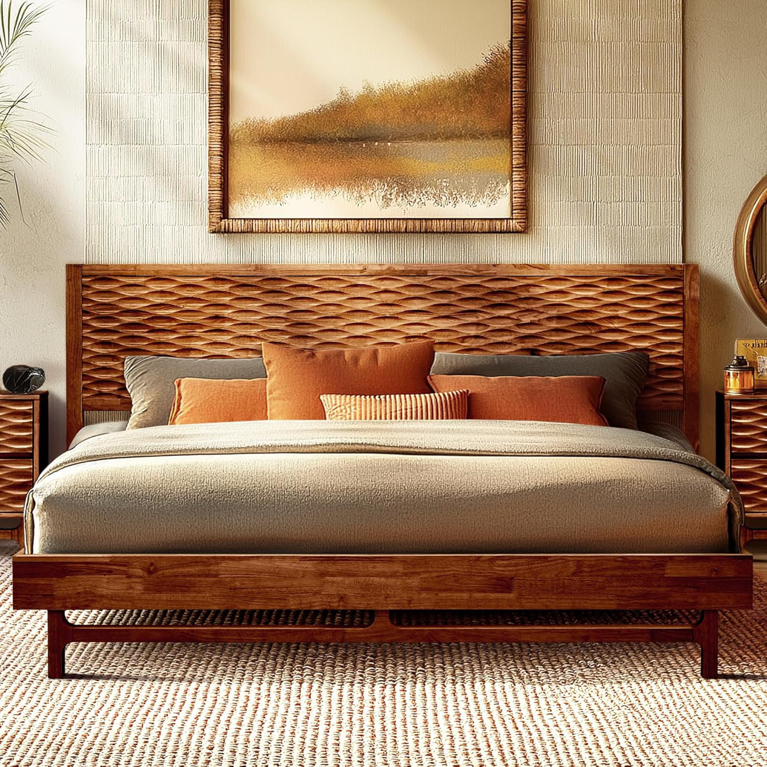 Acacia Elara Solid Wood Platform Bed Frame with Sculpted Spearhead ...