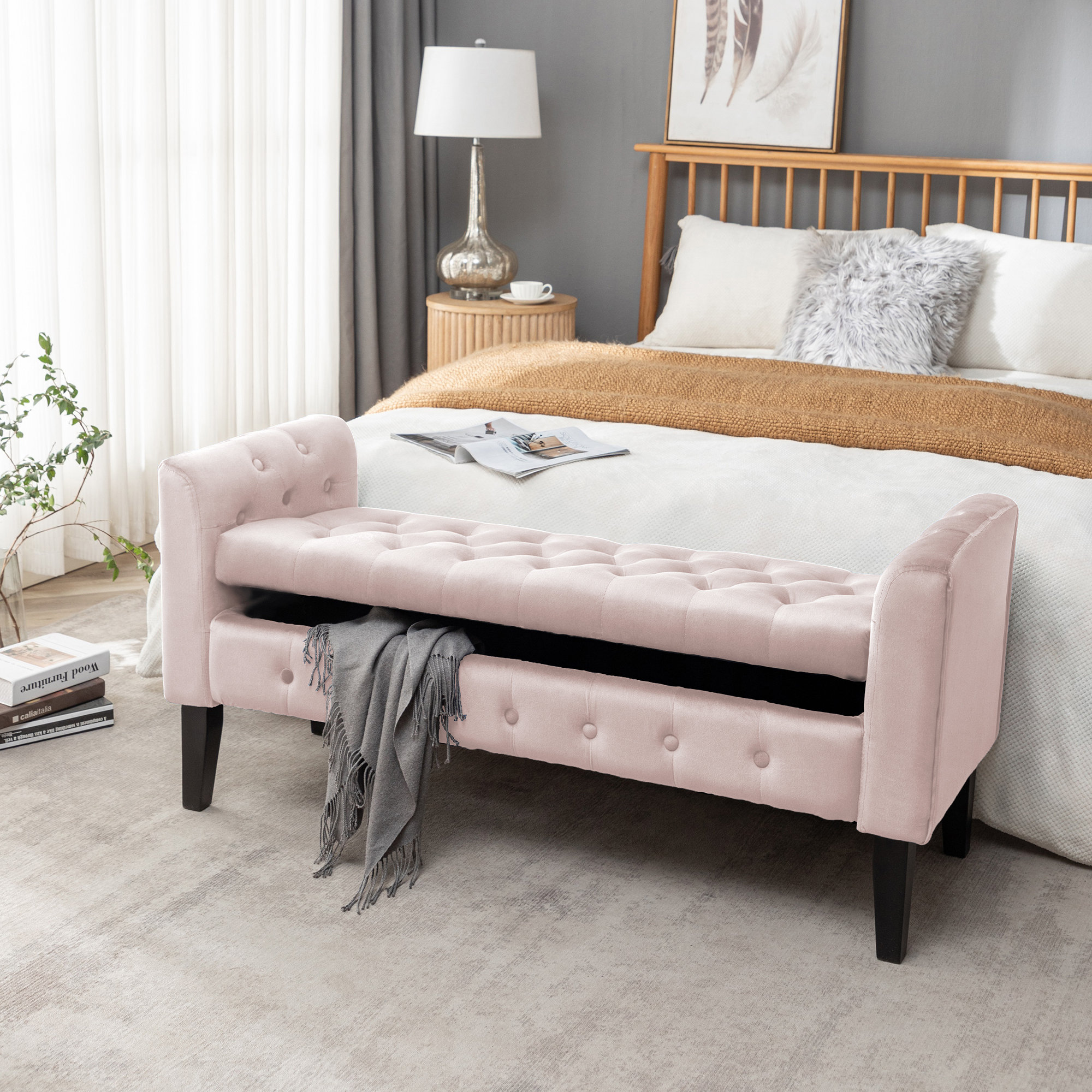 Willa Arlo™ Interiors Vendrina Velvet Storage Bench with Rubberwood ...