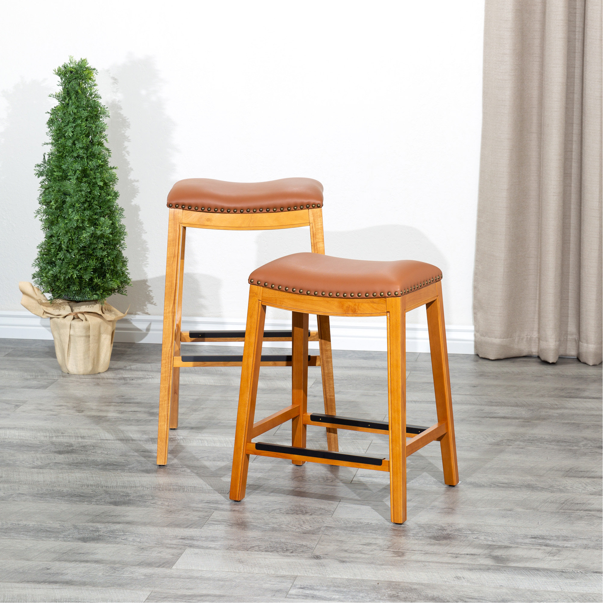 Winston Porter Sturdy Wooden Counter Stool With Leather Seat And ...