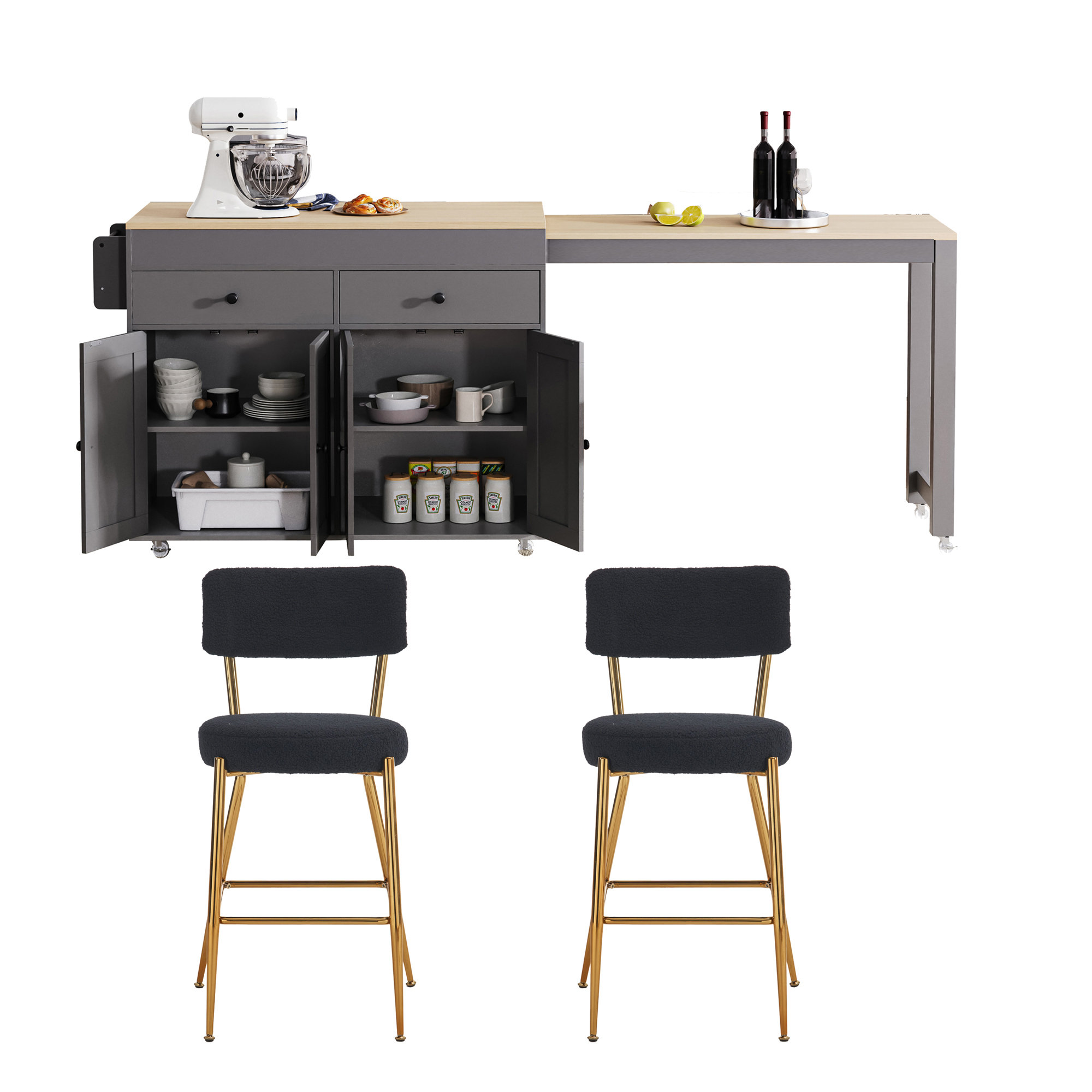 Everly Quinn 3-Piece Kitchen Island Set With 2 Stools ,Wood Dining ...