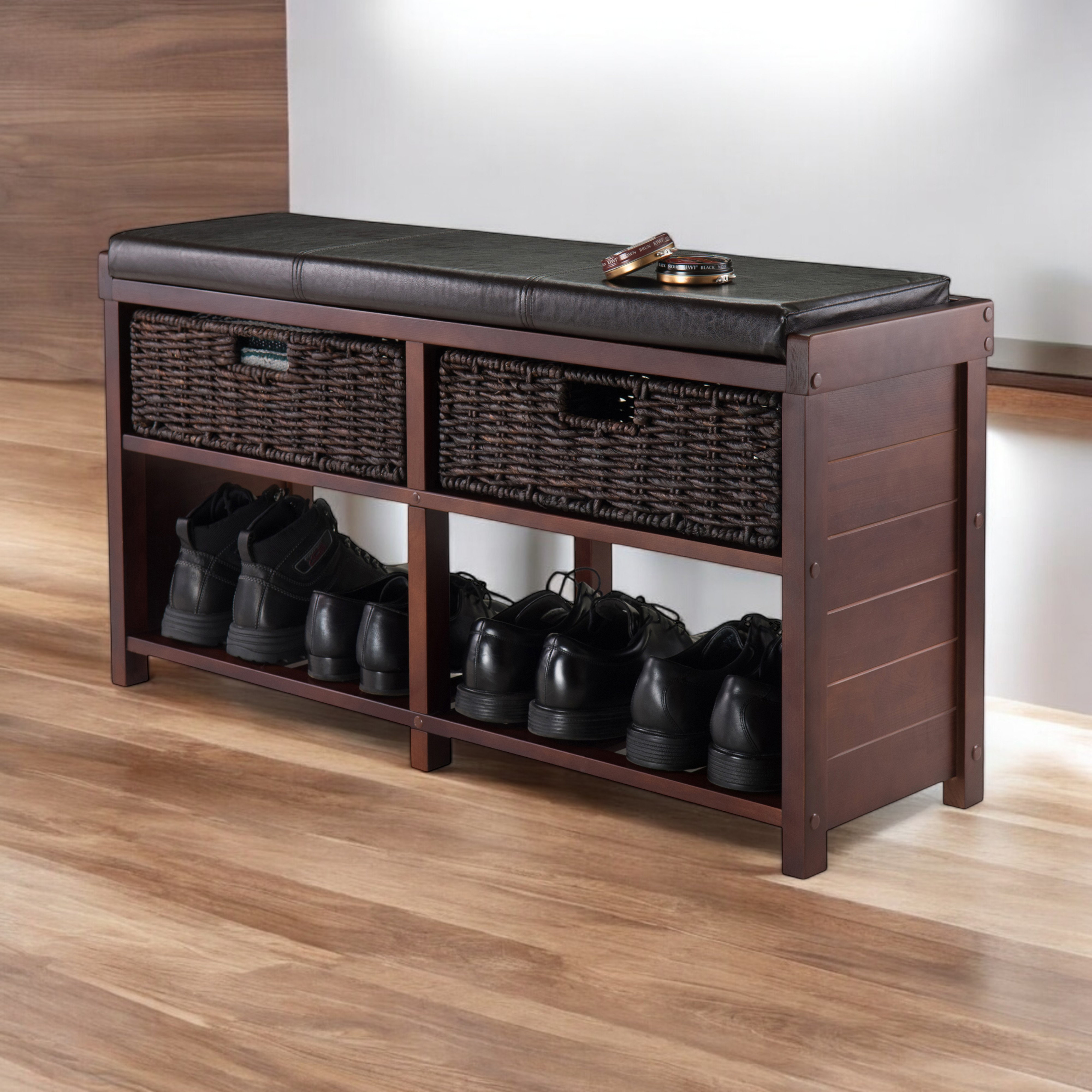 Lark Manor™ Wren Storage Bench with Seat Cushion and 2 Foldable Corn Husk Baskets, Espresso ...