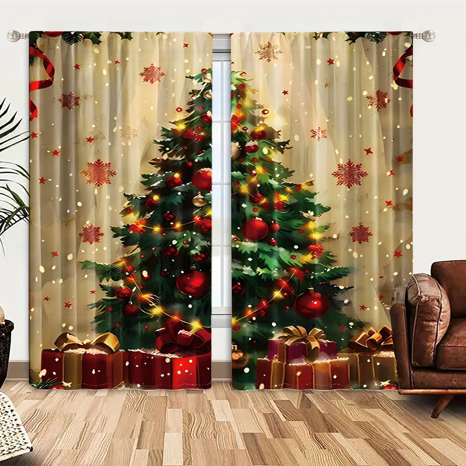The Holiday Aisle® 2Pcs Christmas Tree Curtains Window Drapes - Festive ...