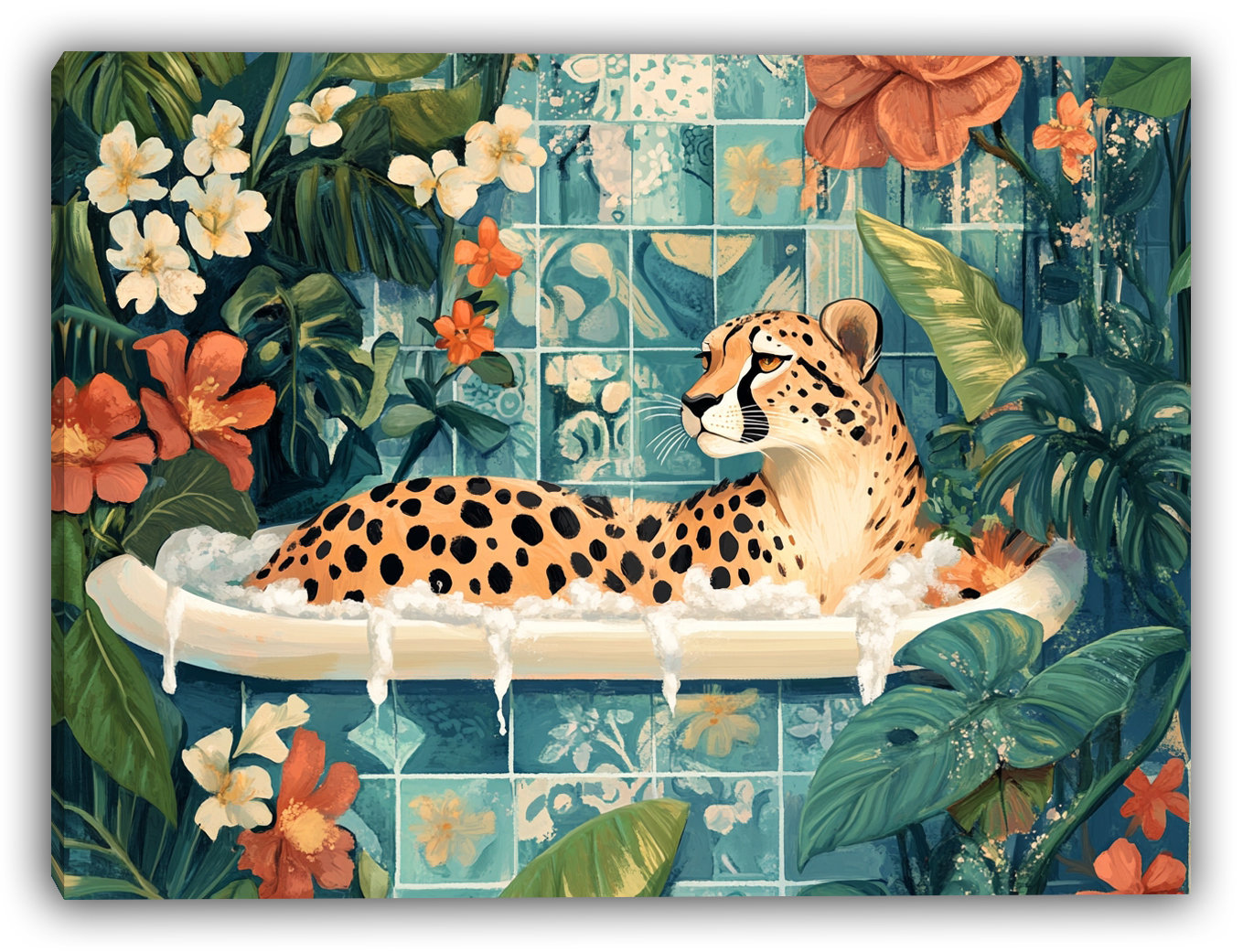 Bayou Breeze Tropical Escape Soak - Leopard Relaxing in Bubbles Print ...